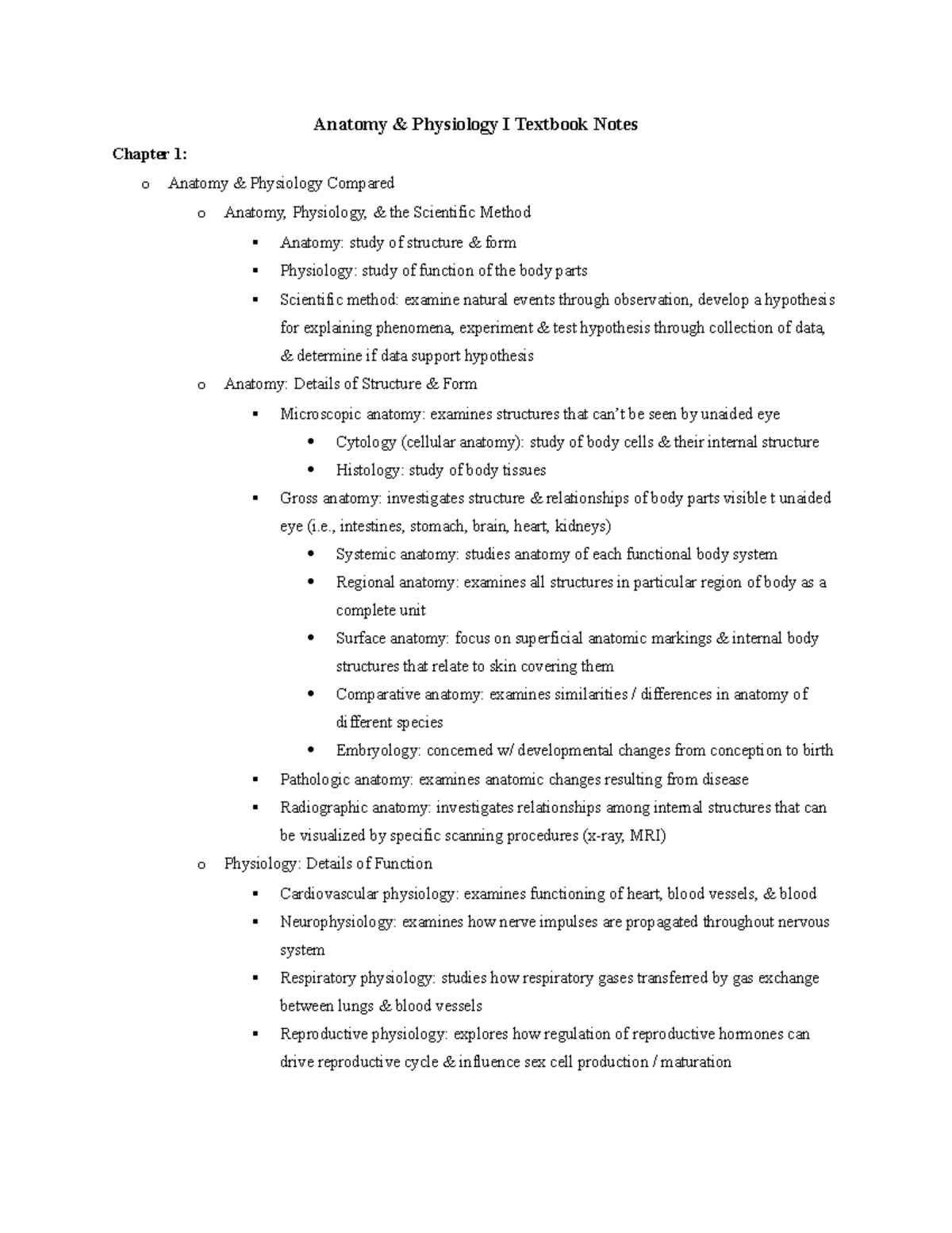 Exam I Notes - Anatomy & Physiology I Textbook Notes Chapter 1: o ...
