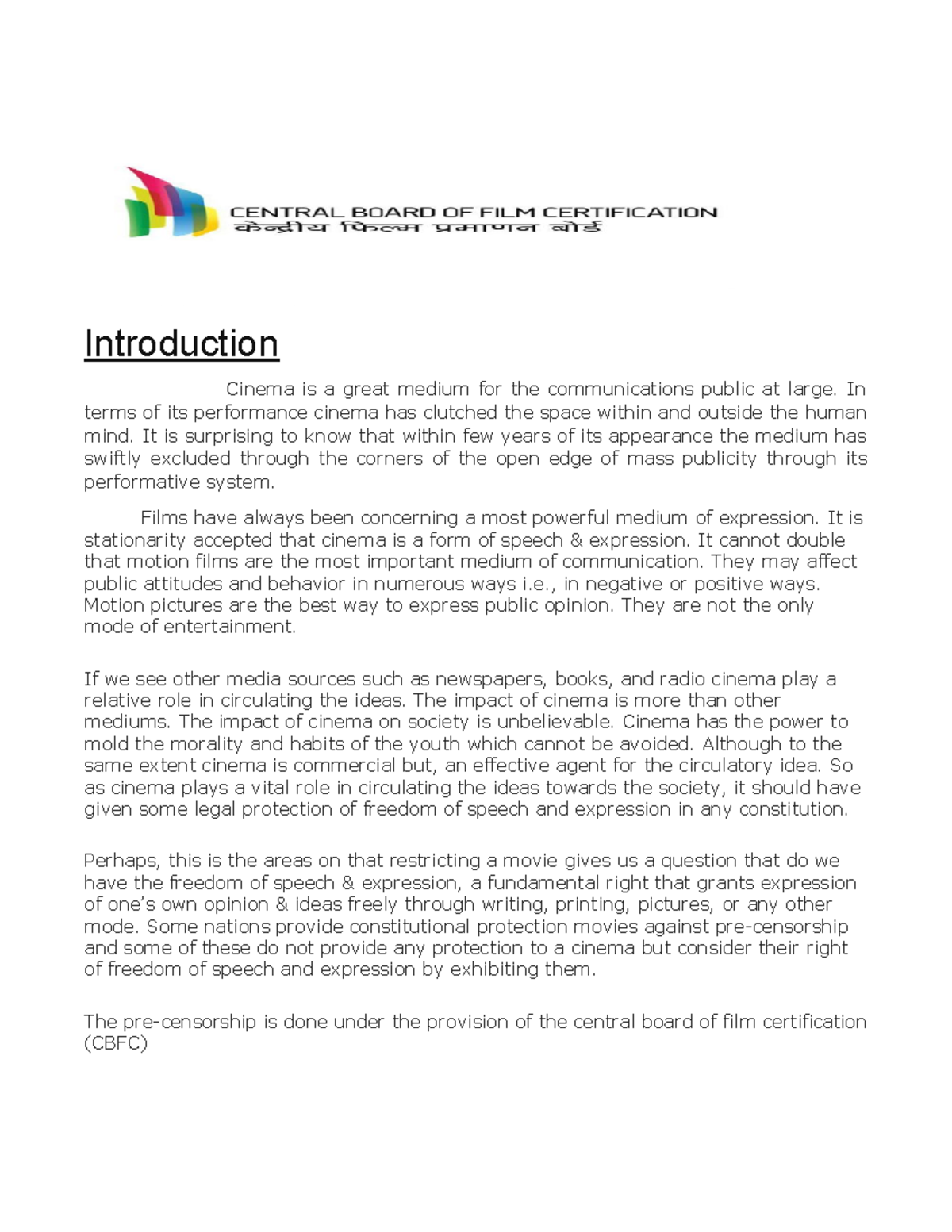 CBFC - STUDY - Introduction Cinema is a great medium for the ...