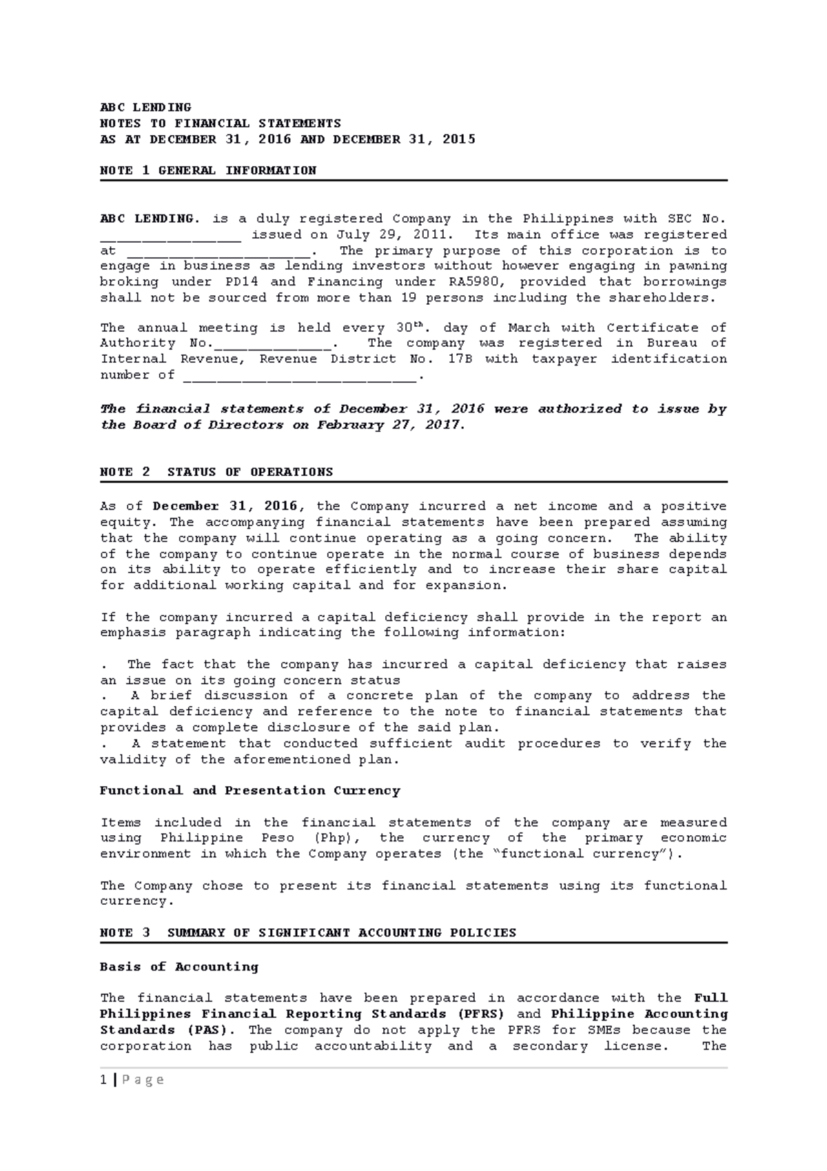 Notes TO Template FULL PFRS - ABC LENDING NOTES TO FINANCIAL STATEMENTS ...