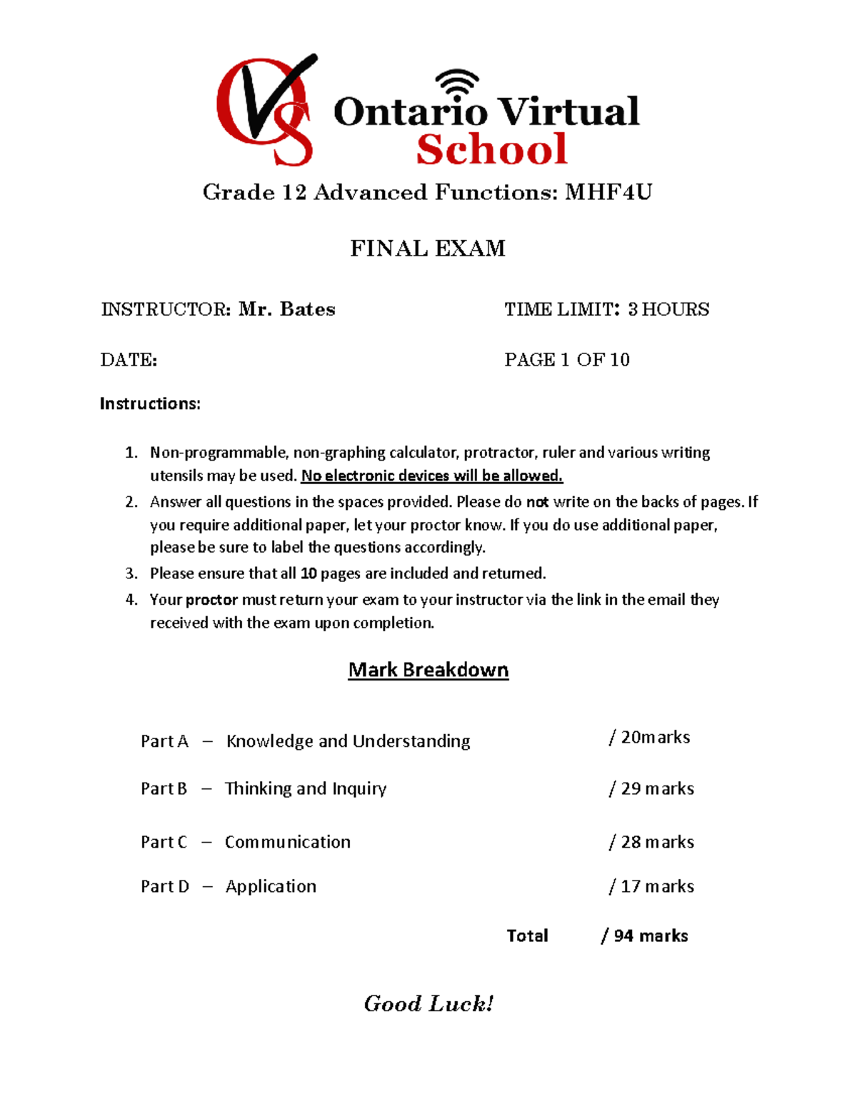 1702494370-Bates MHF4U Exam - 03-2023-v7 - Grade 12 Advanced Functions ...
