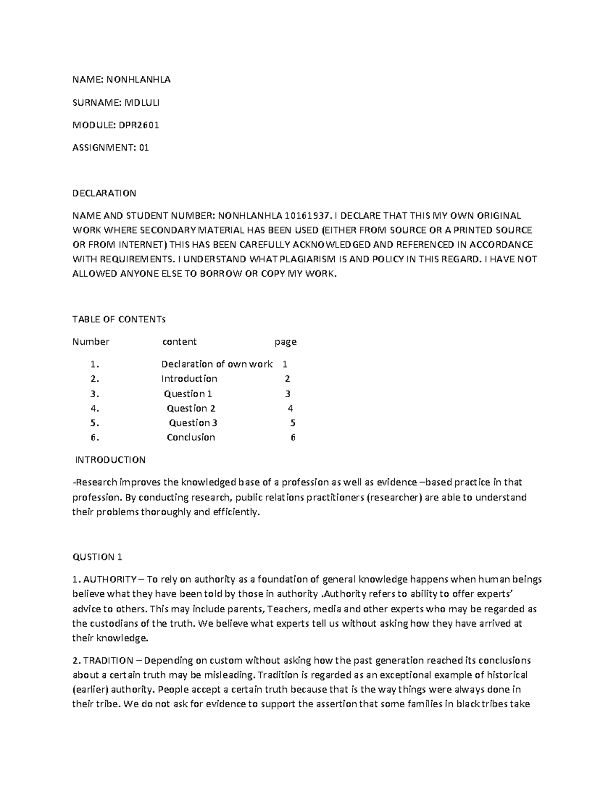 DPR1507 assignment no 1 ... nonhlanhla mdluli - NAME: NONHLANHLA SURNAME: MDLULI MODULE: DPR ...