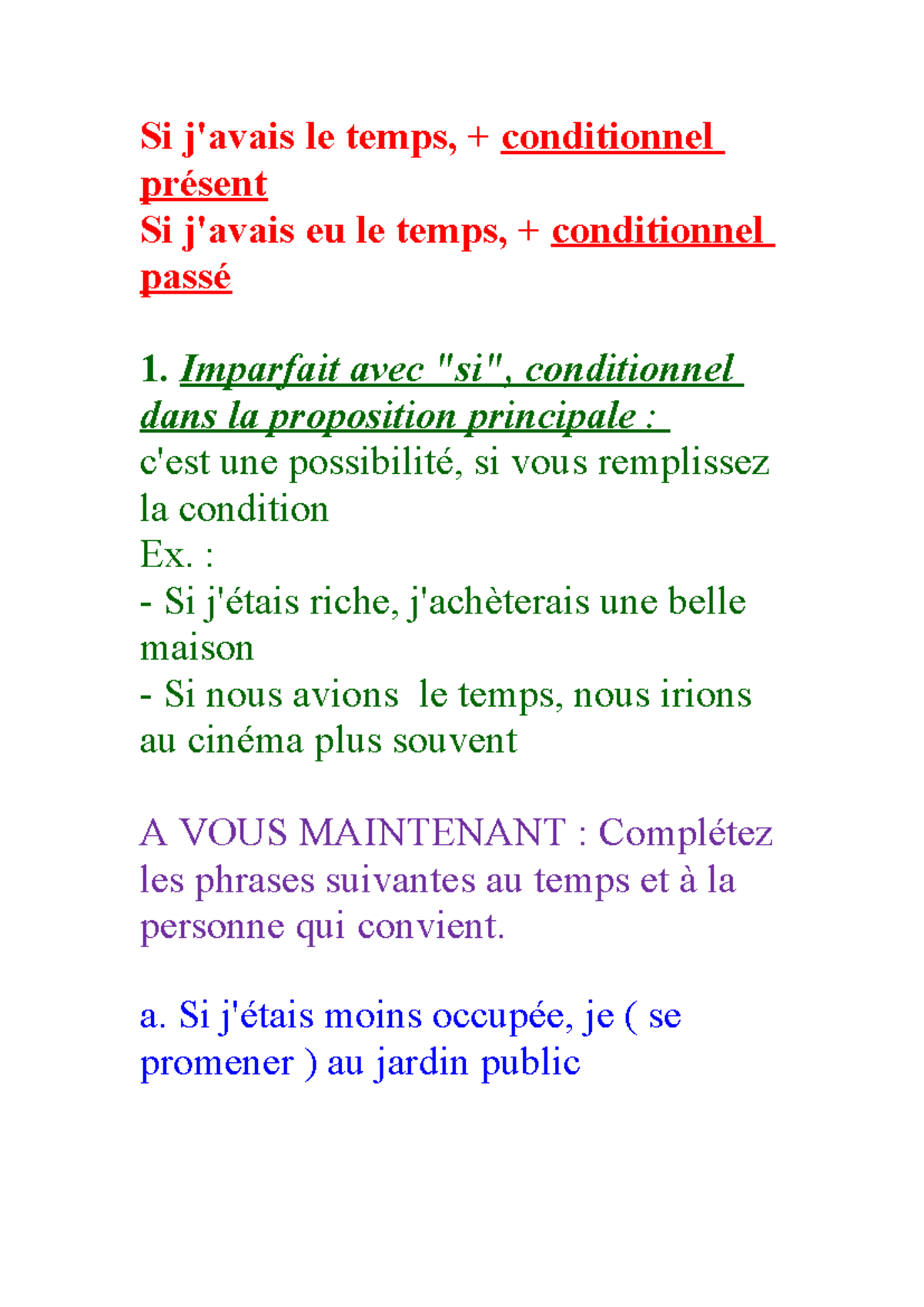 Grammaire si je - yes - Si j'avais le temps, + conditionnel présent Si ...