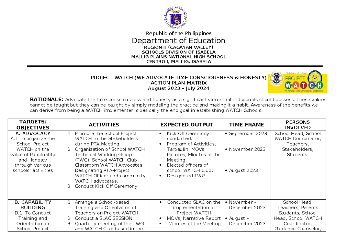 Project Watch Action PLAN Joriel B - Republic of the Philippines ...