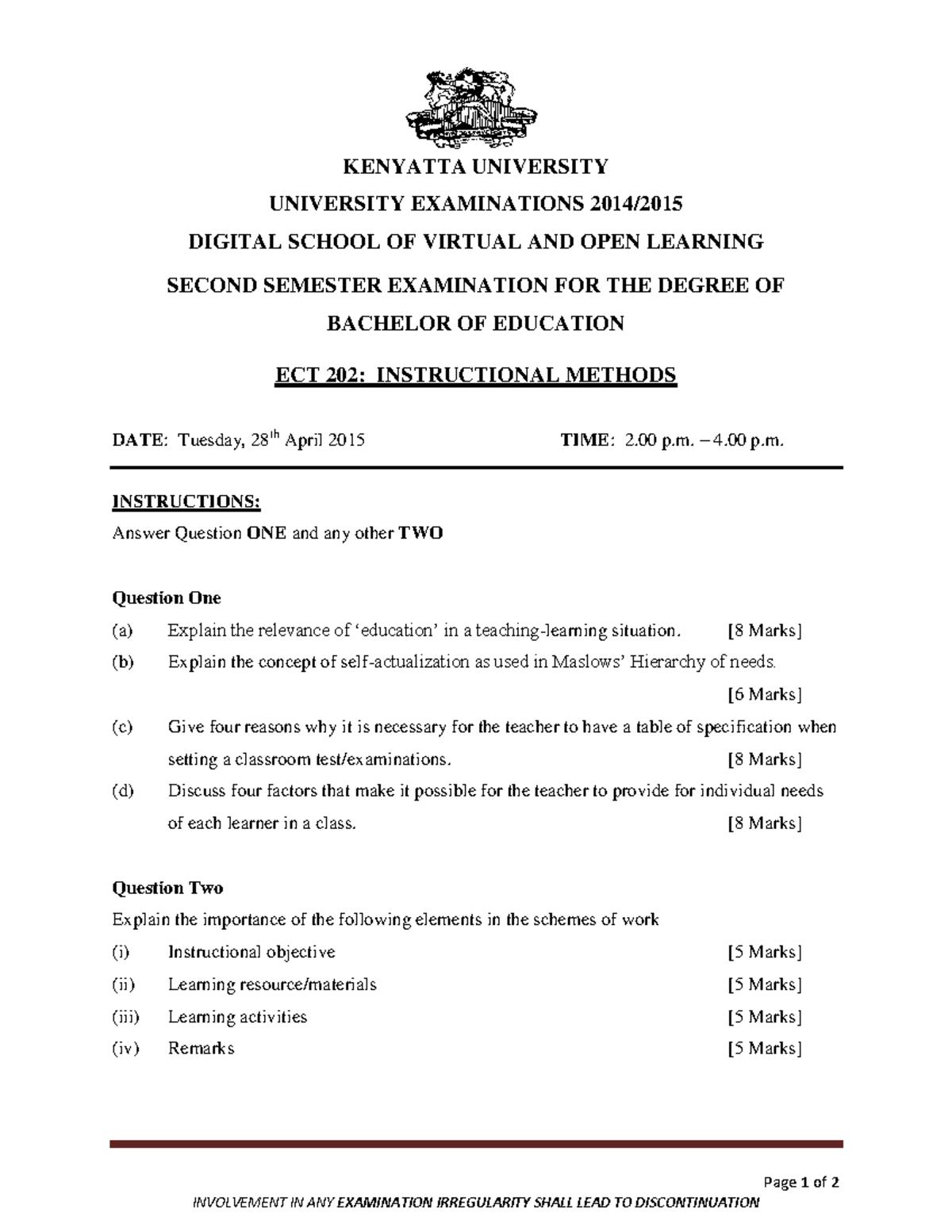 ECT2022015 0428 - Page 1 of 2 INVOLVEMENT IN ANY EXAMINATION ...