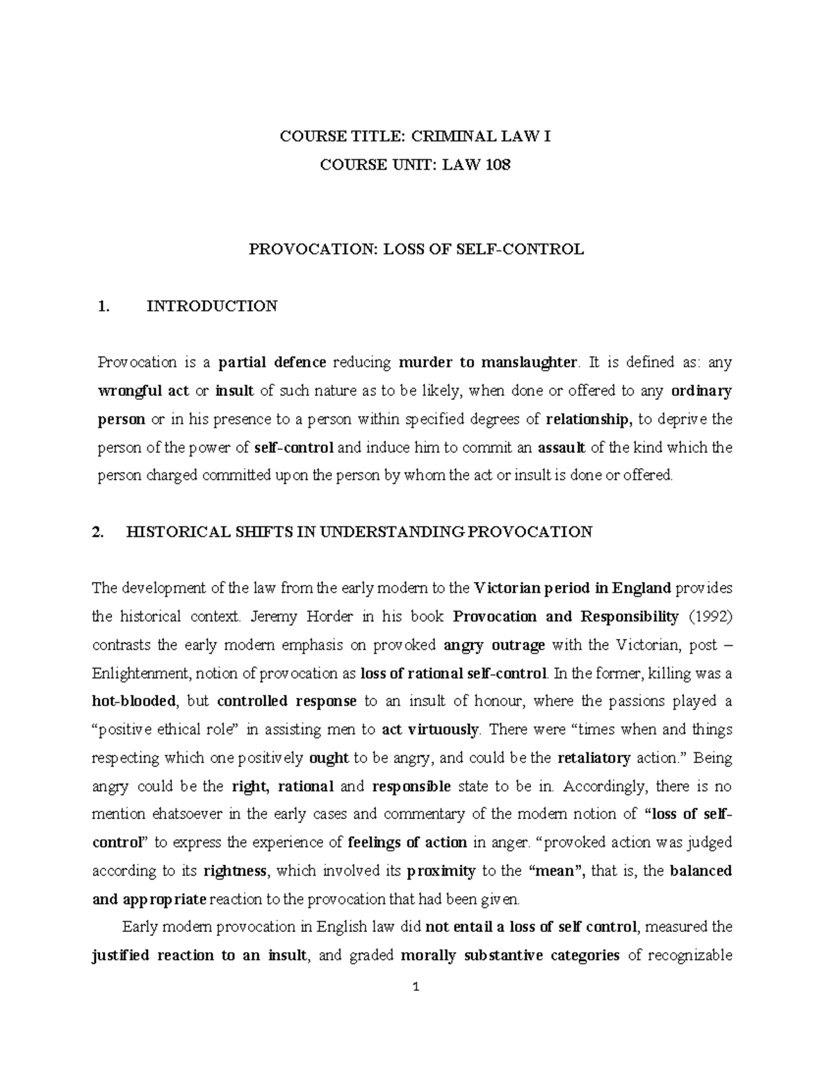 Criminal LAW I Provocation LOSS OF Control - COURSE TITLE: CRIMINAL LAW ...