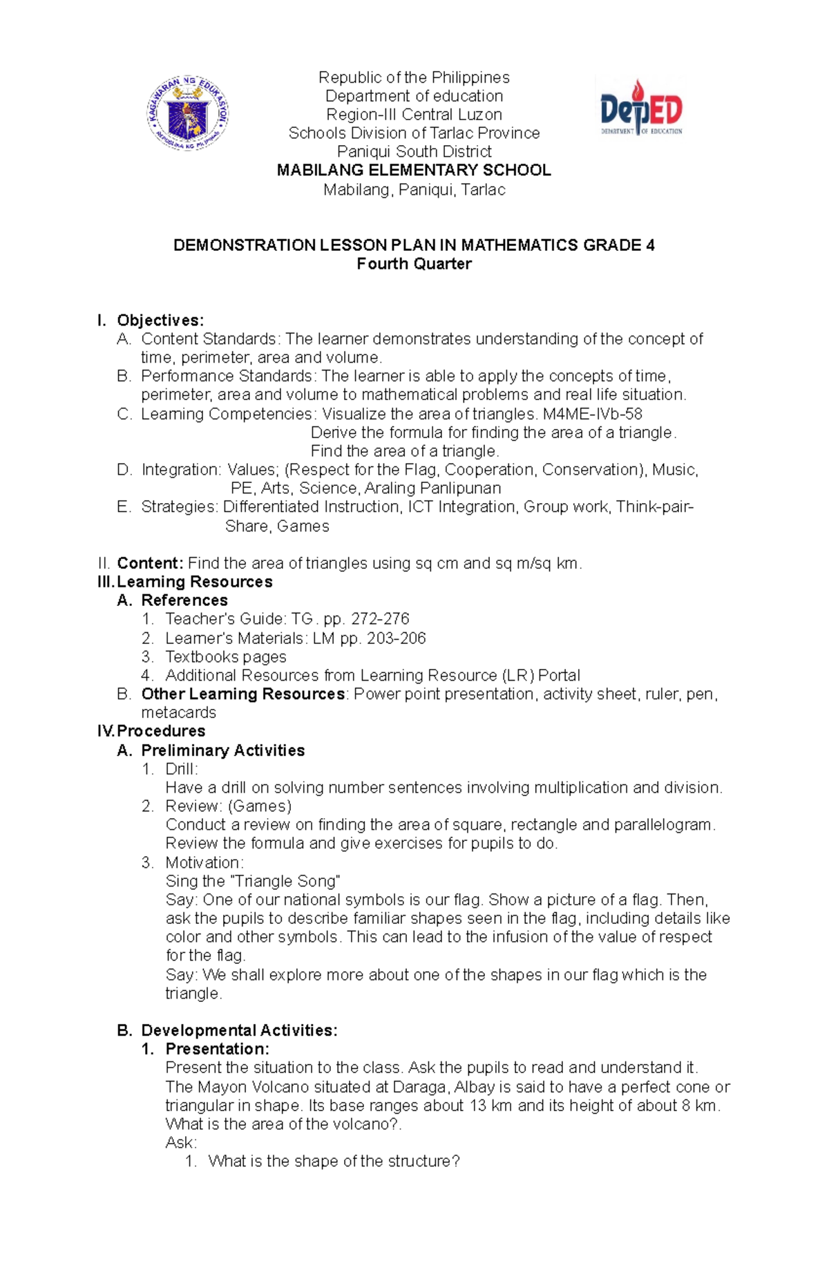 DEMO MATH Grade 4 COT Lecture Notes Republic Of The Philippines