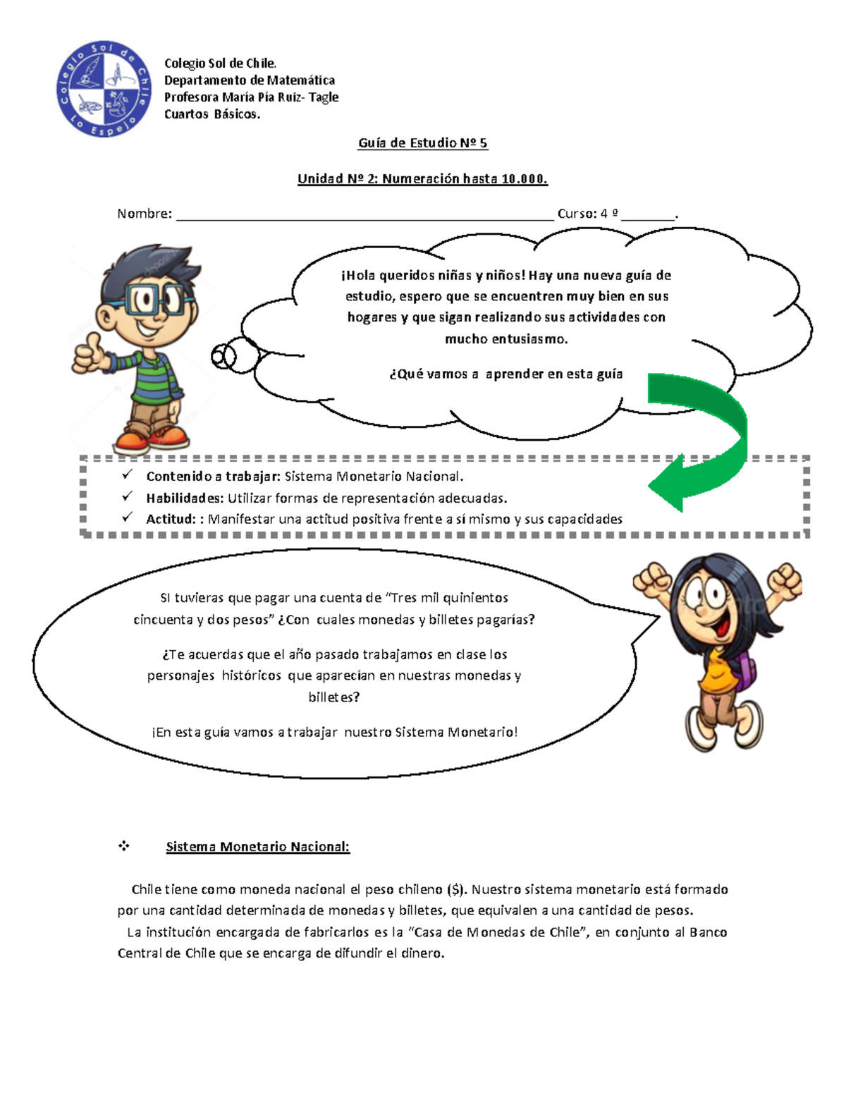 Matemática 4º - Uso dinero - Guía de Estudio Nº 5 Unidad Nº 2 ...