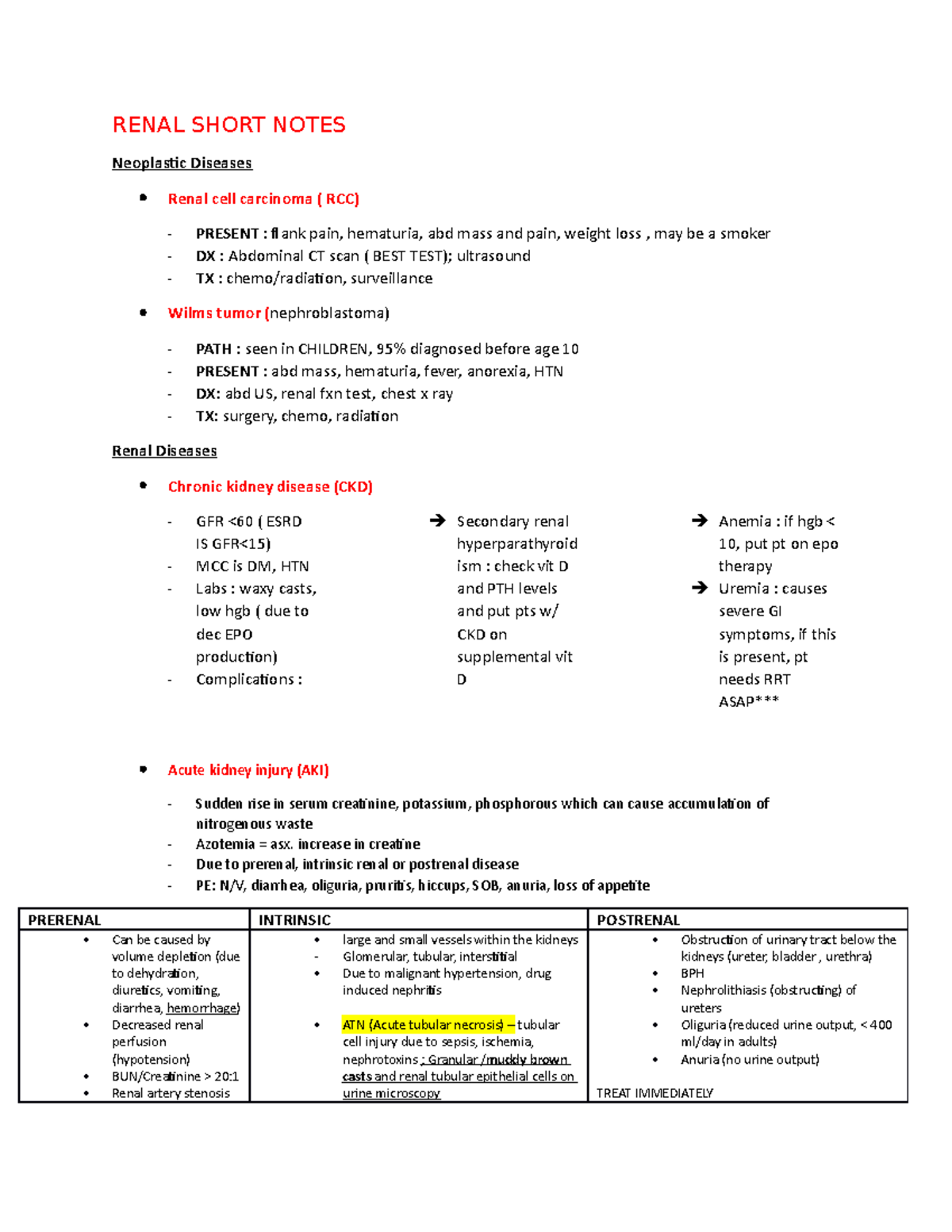 Renalnotes - renal GU system notes - RENAL SHORT NOTES Neoplastic ...