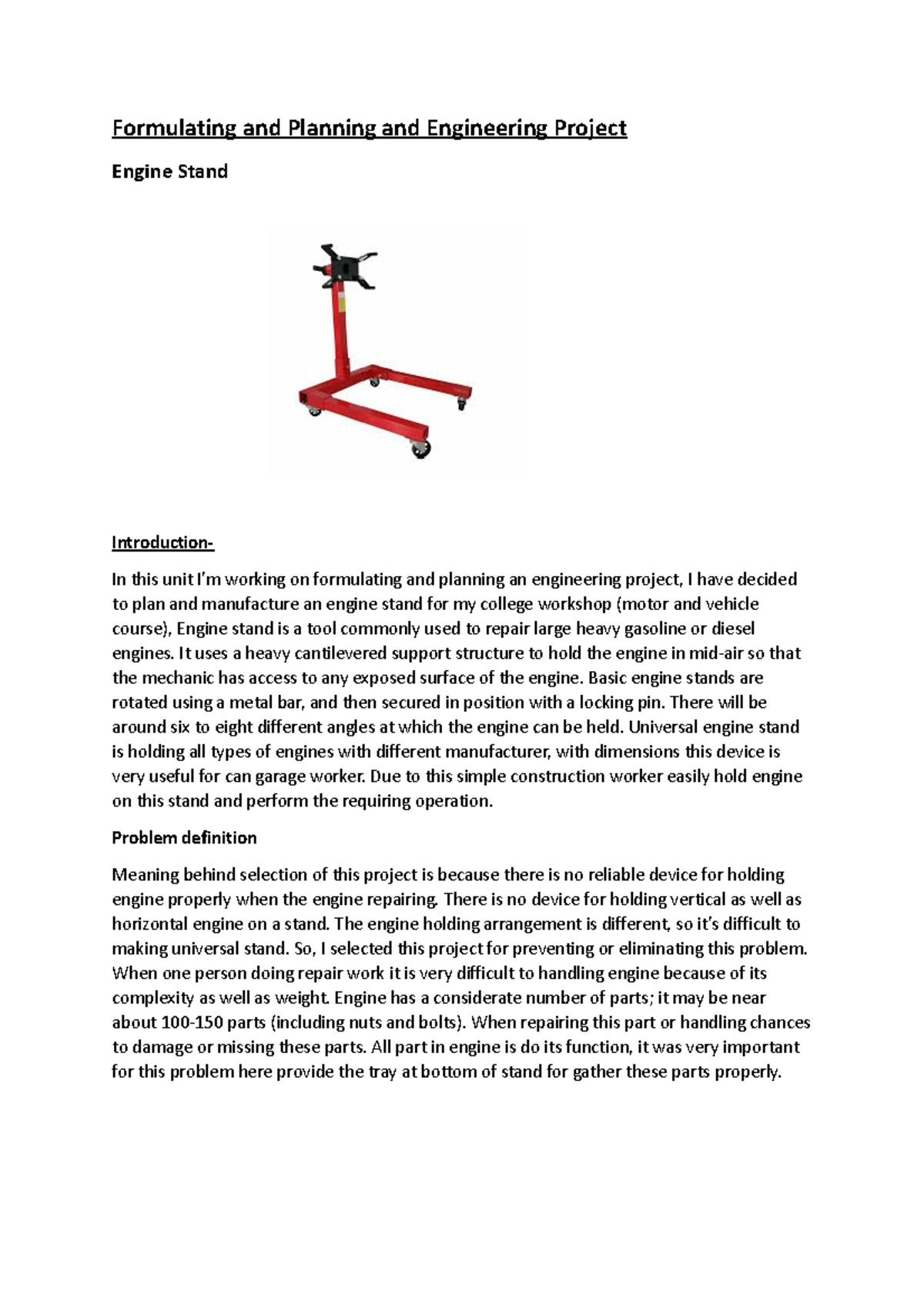 U4A1 Engine Stand - Formulating and Planning and Engineering Project ...