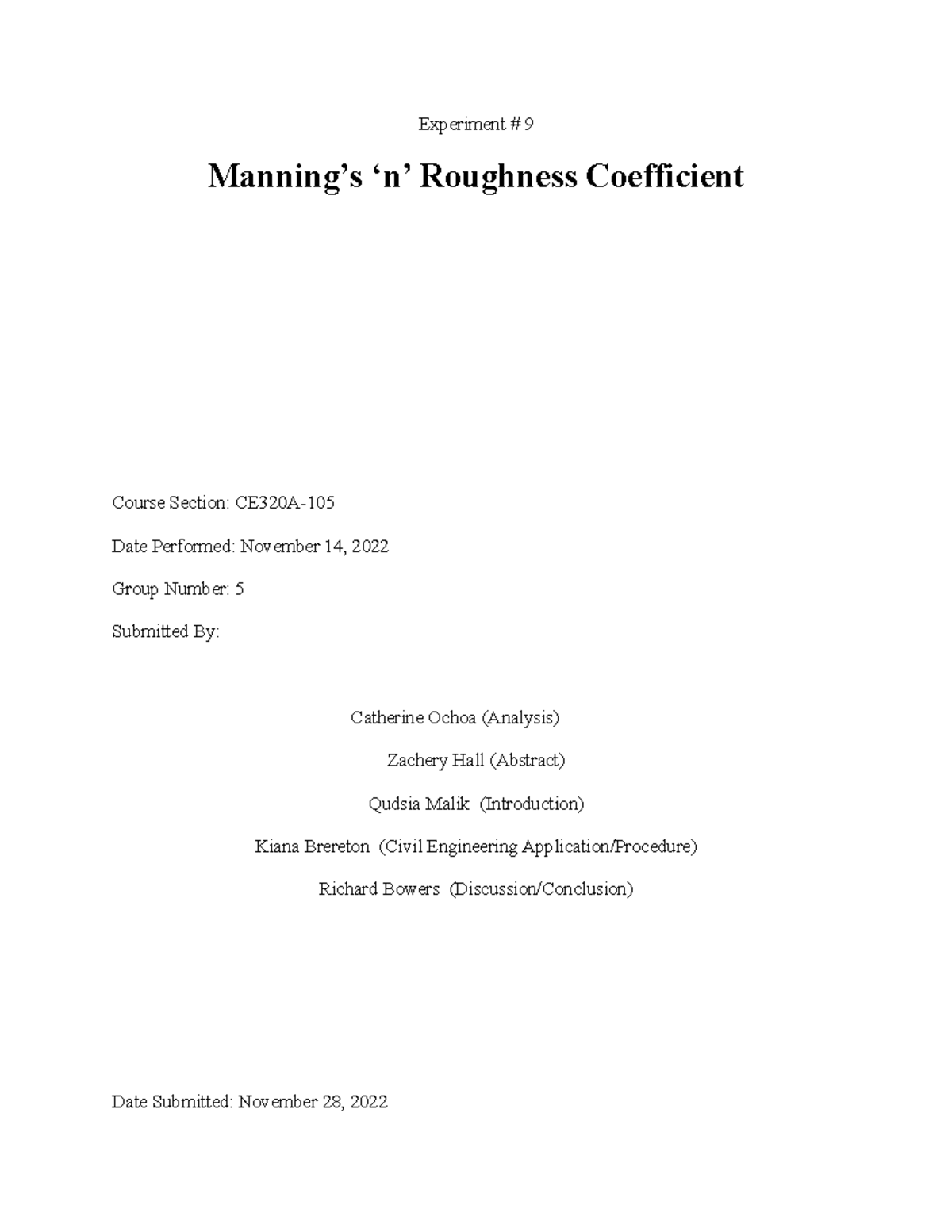 Manning’s ‘n’ Roughness Coefficient - Experiment # 9 Manning’s ‘n’ Roughness Coefficient Course ...