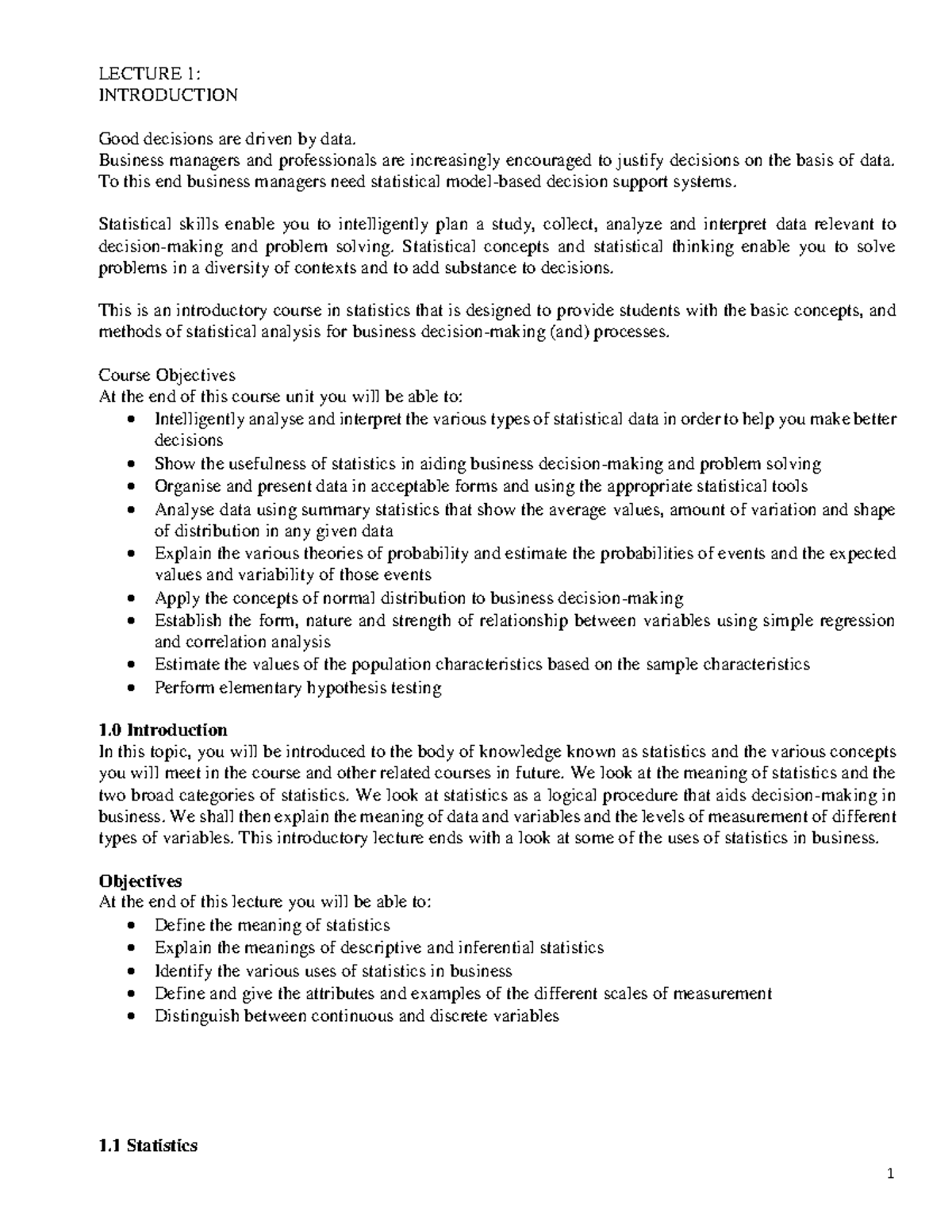 Lecture 1 Notes Lecture 1 Introduction Good Decisions Are Driven By Data Business Managers