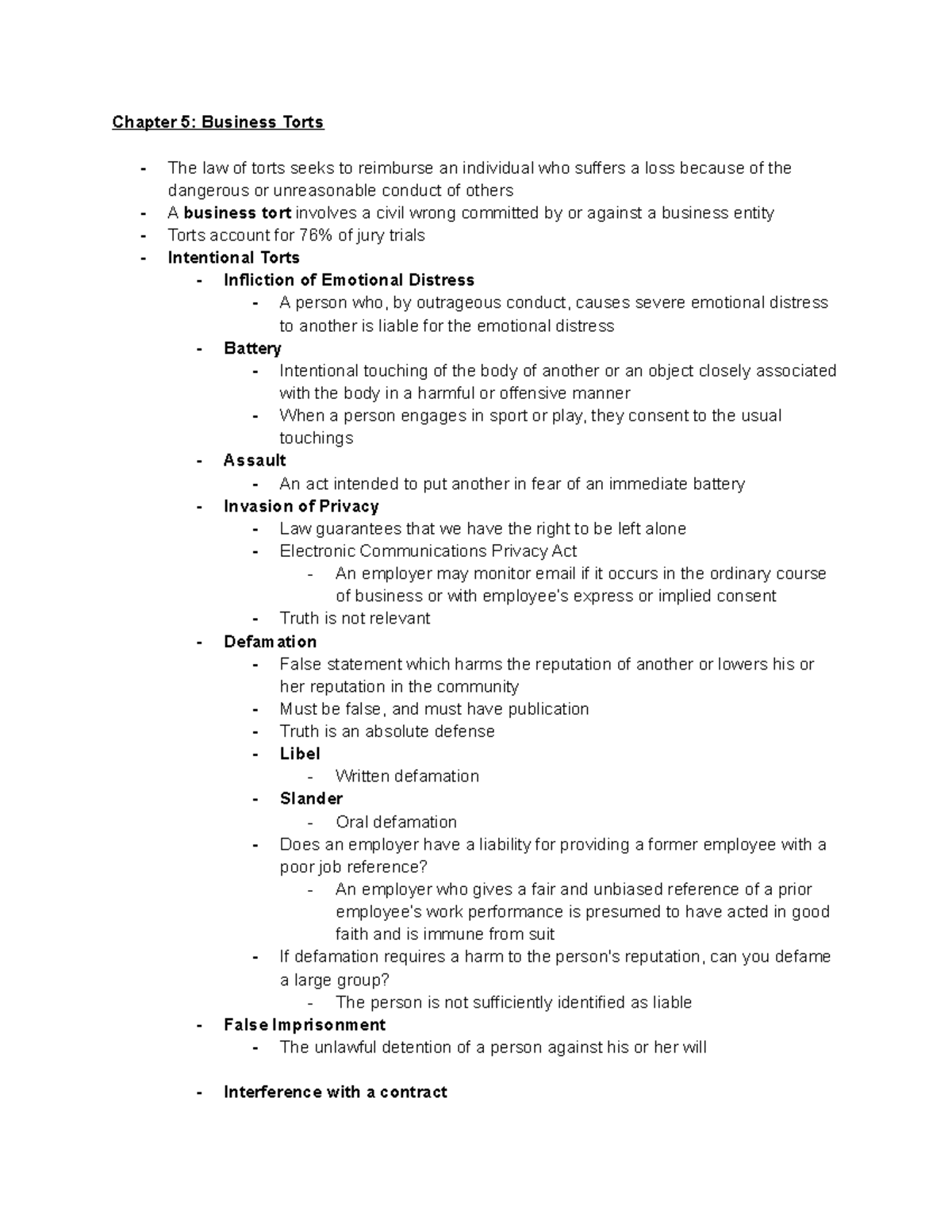 Chapter 5 Notes - Chapter 5: Business Torts - The law of torts seeks to ...
