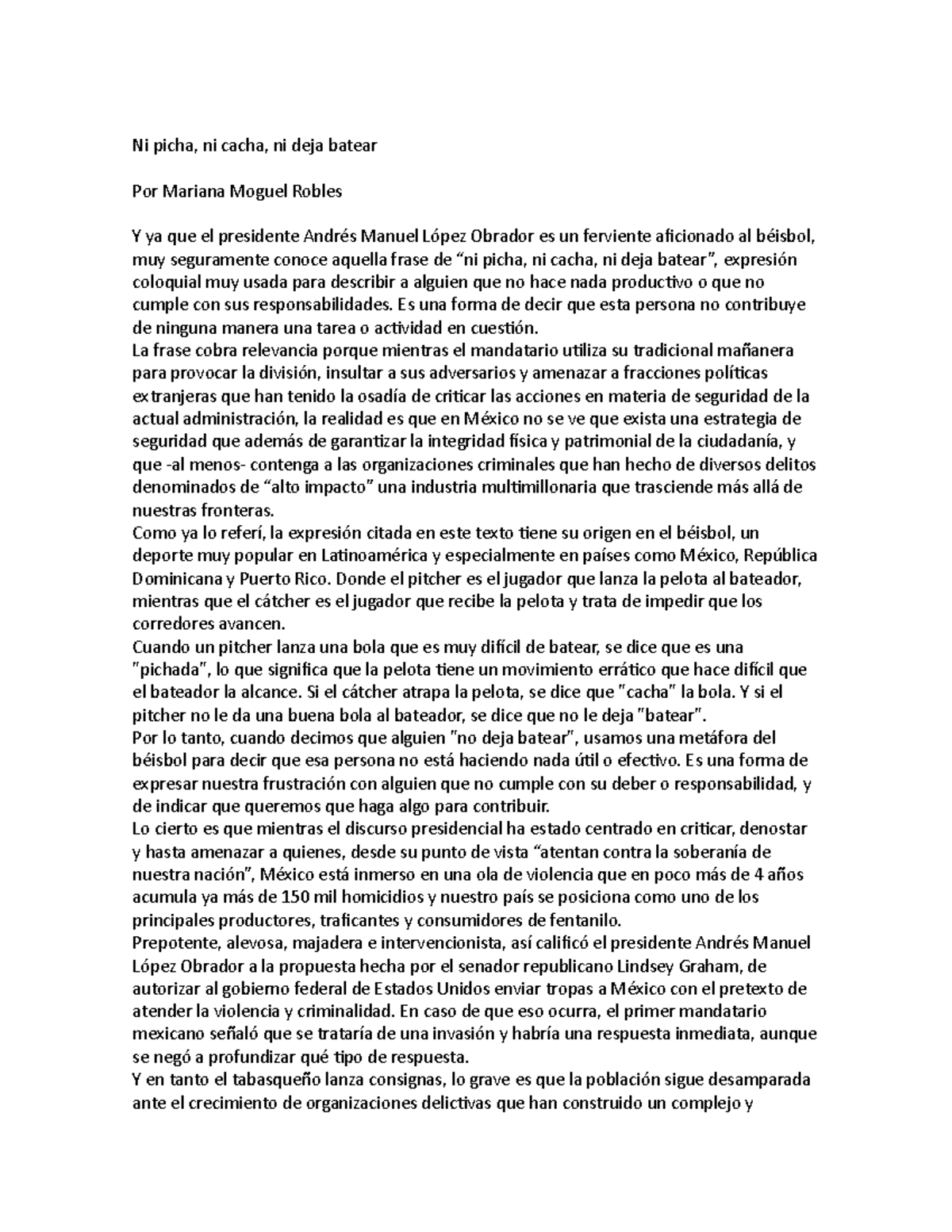 Ni picha - Ensayo - Ni picha, ni cacha, ni deja batear Por Mariana ...