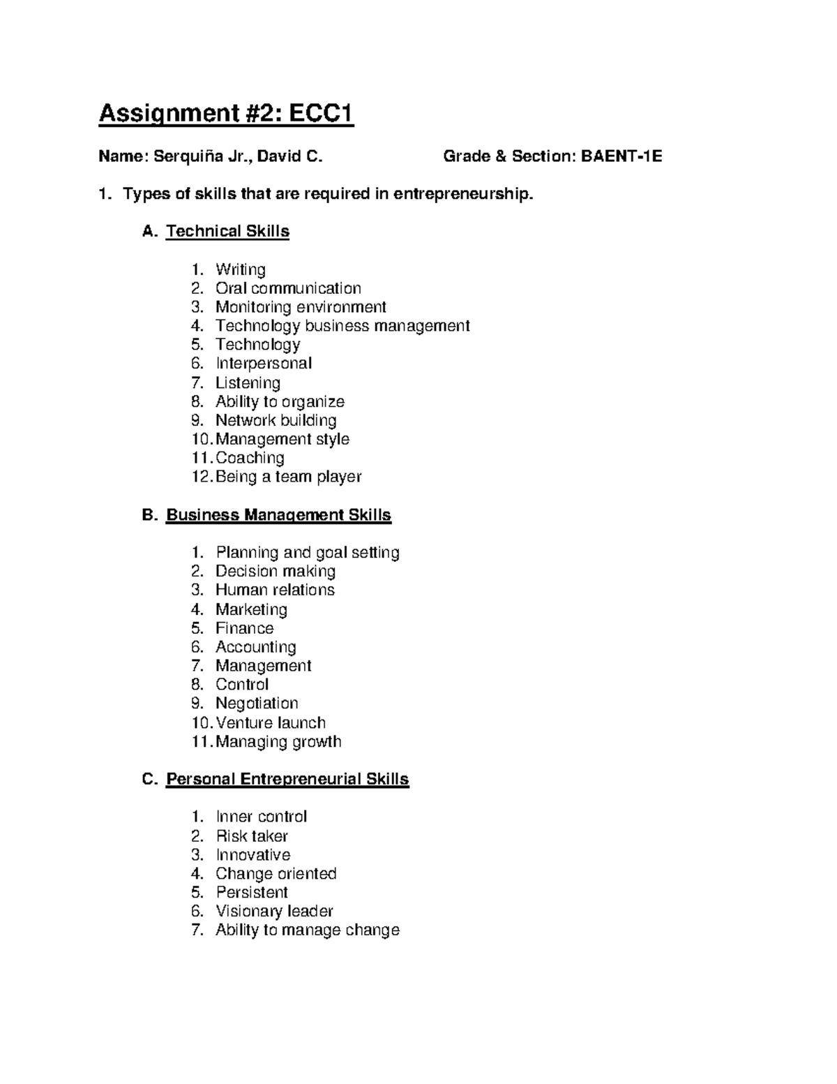 Assignment 2- ECC1 - Mr. Benjamin Jaramilla - Assignment #2: ECC Name: Serquiña Jr., David C ...