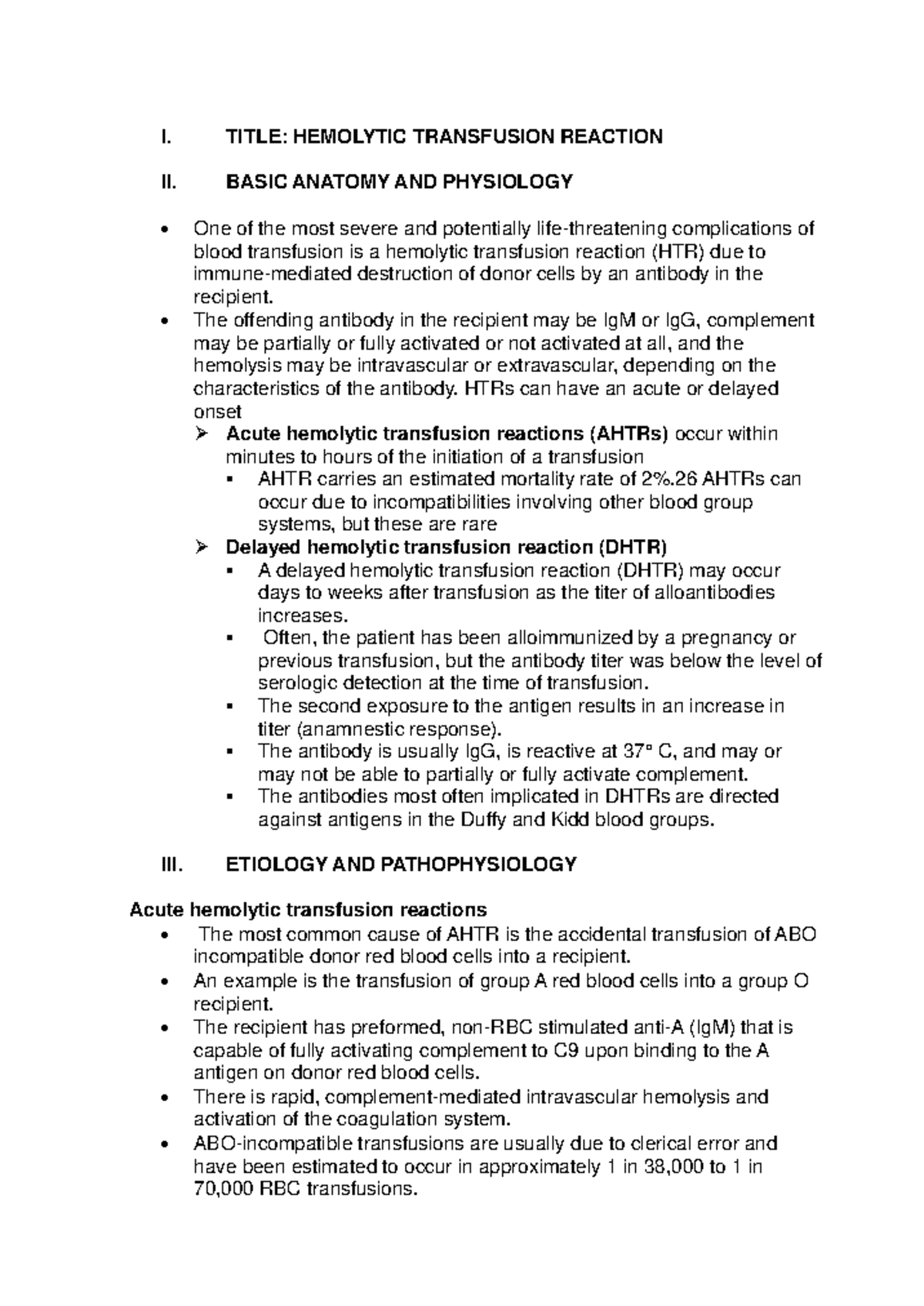 Hemolytic Transfusion Reaction - I. TITLE: HEMOLYTIC TRANSFUSION ...