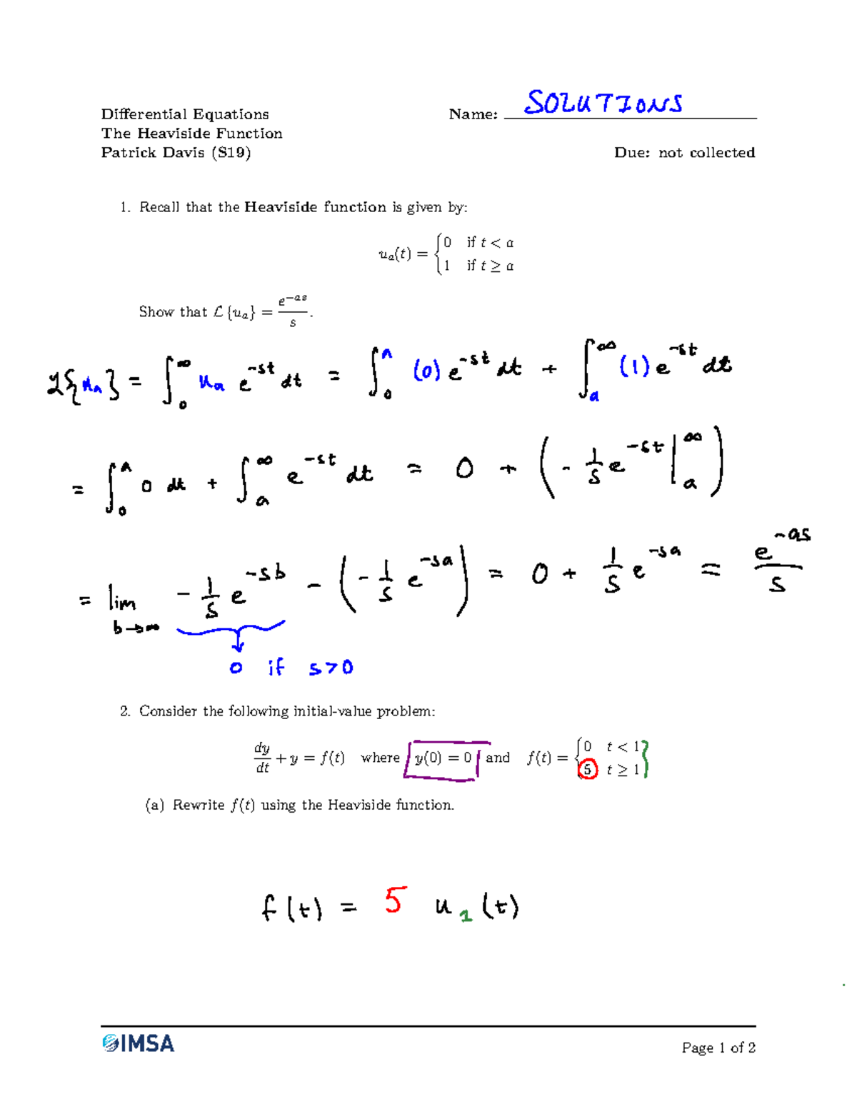 02-w2 The Heaviside Function Solutions - Differential Equations Name ...
