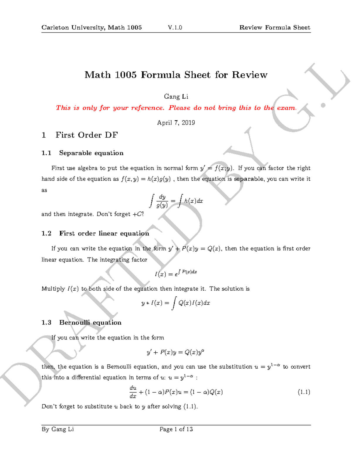 2014 Exam Carleton University - DRAFTED BY G. Math 1005 Formula Sheet ...