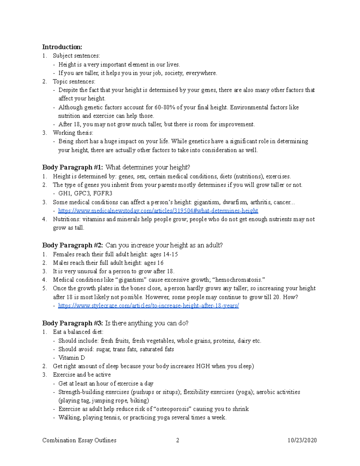 WR 121 - Combination Essay Outlines - Introduction: Subject sentences ...