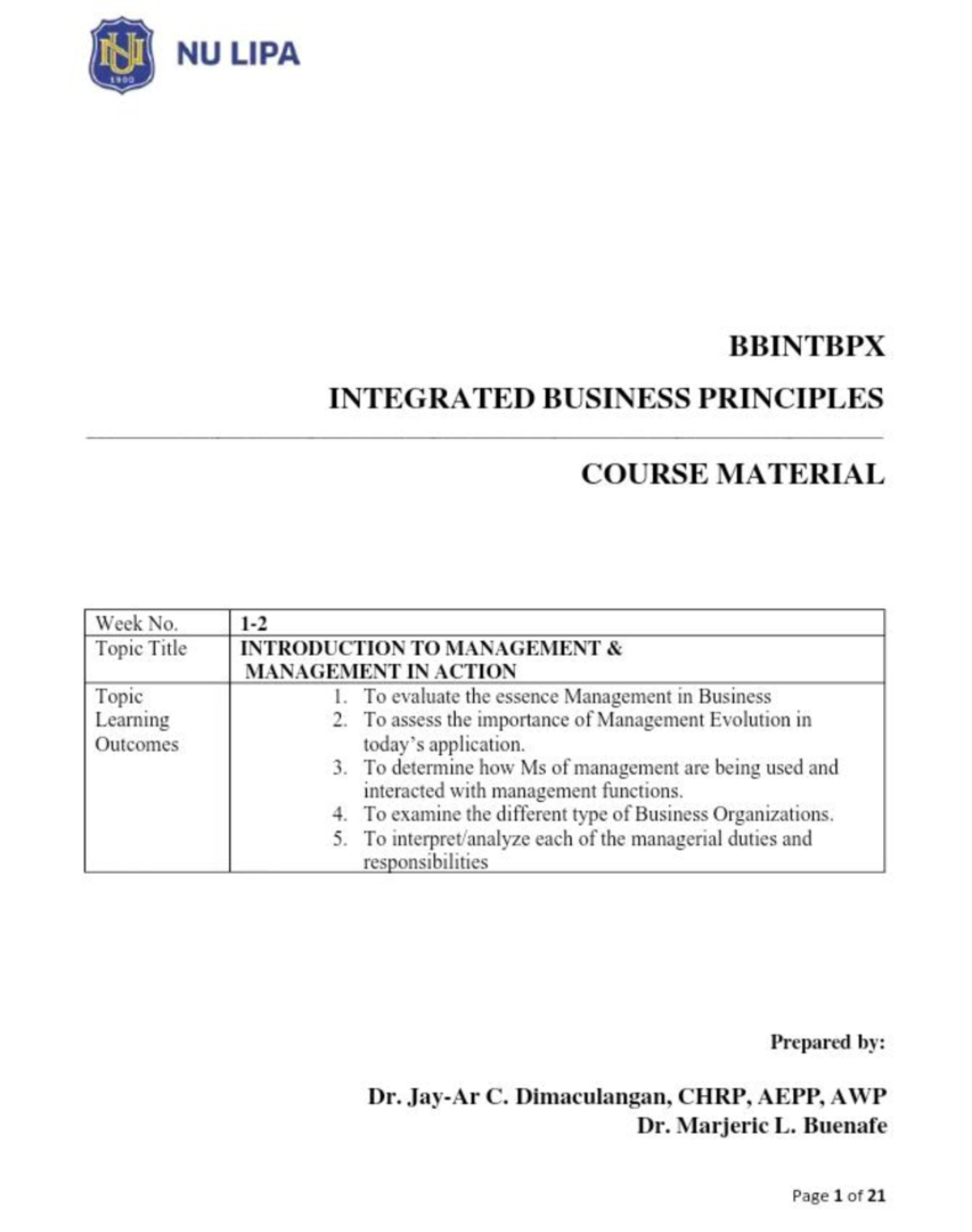Integrated Business Principles- Course Material - BSBA Major in ...