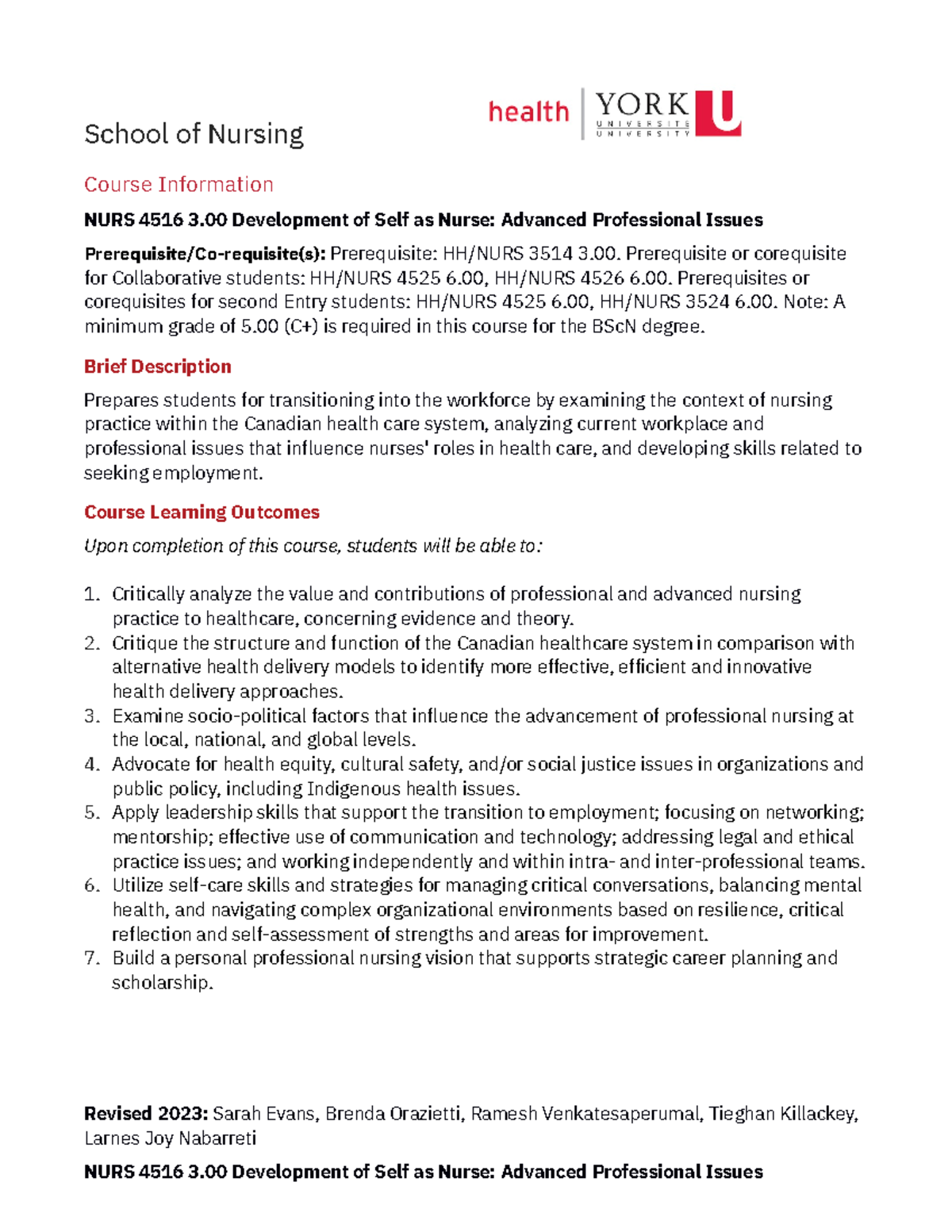 NURS 4516 Course Outline FInal AUg 29 - School of Nursing Course ...