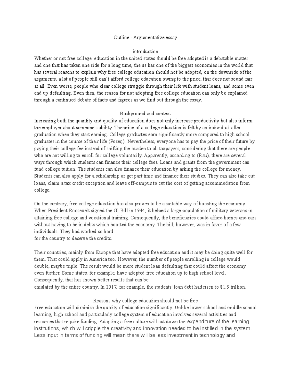 Free college education outline - Argumentative essay-3 - Outline ...