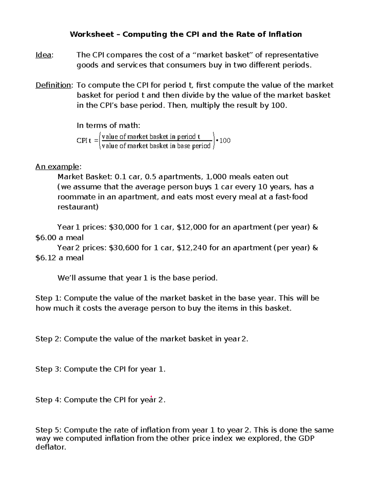 Worksheet - CPI and Inflation - Worksheet – Computing the CPI and the ...