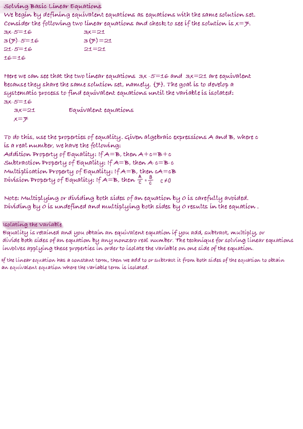 Solve Equations in One Step - Solving Basic Linear Equations We begin ...