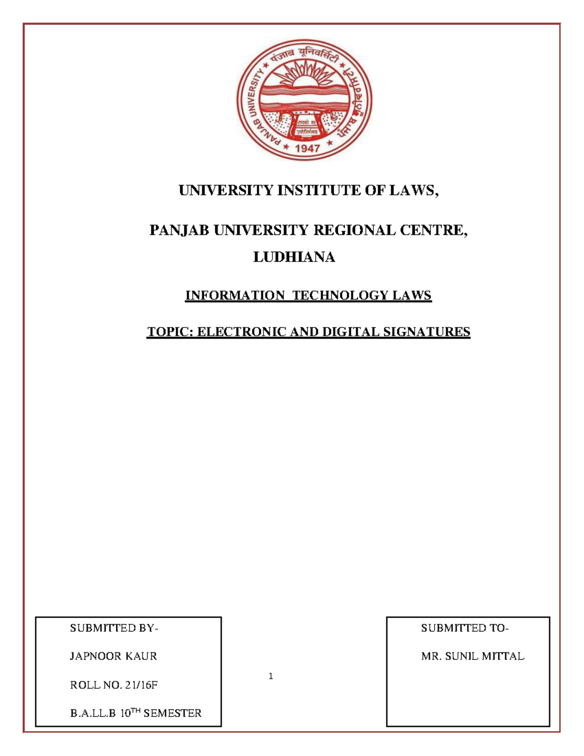 ELECTRONIC AND DIGITAL SIGNATURES SECTION 3-3A IT ACT - 1 UNIVERSITY ...