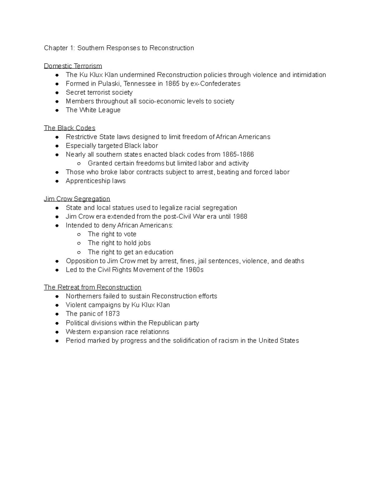 Chapter 1 Southern Responses to Reconstruction - Chapter 1: Southern ...