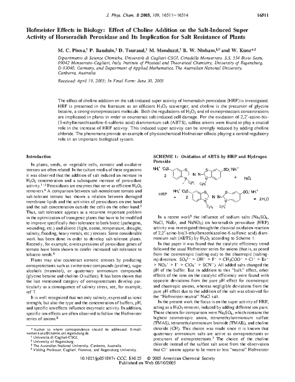 Hofmeister Effects in Biology Effect of Choline Addition on the Salt ...