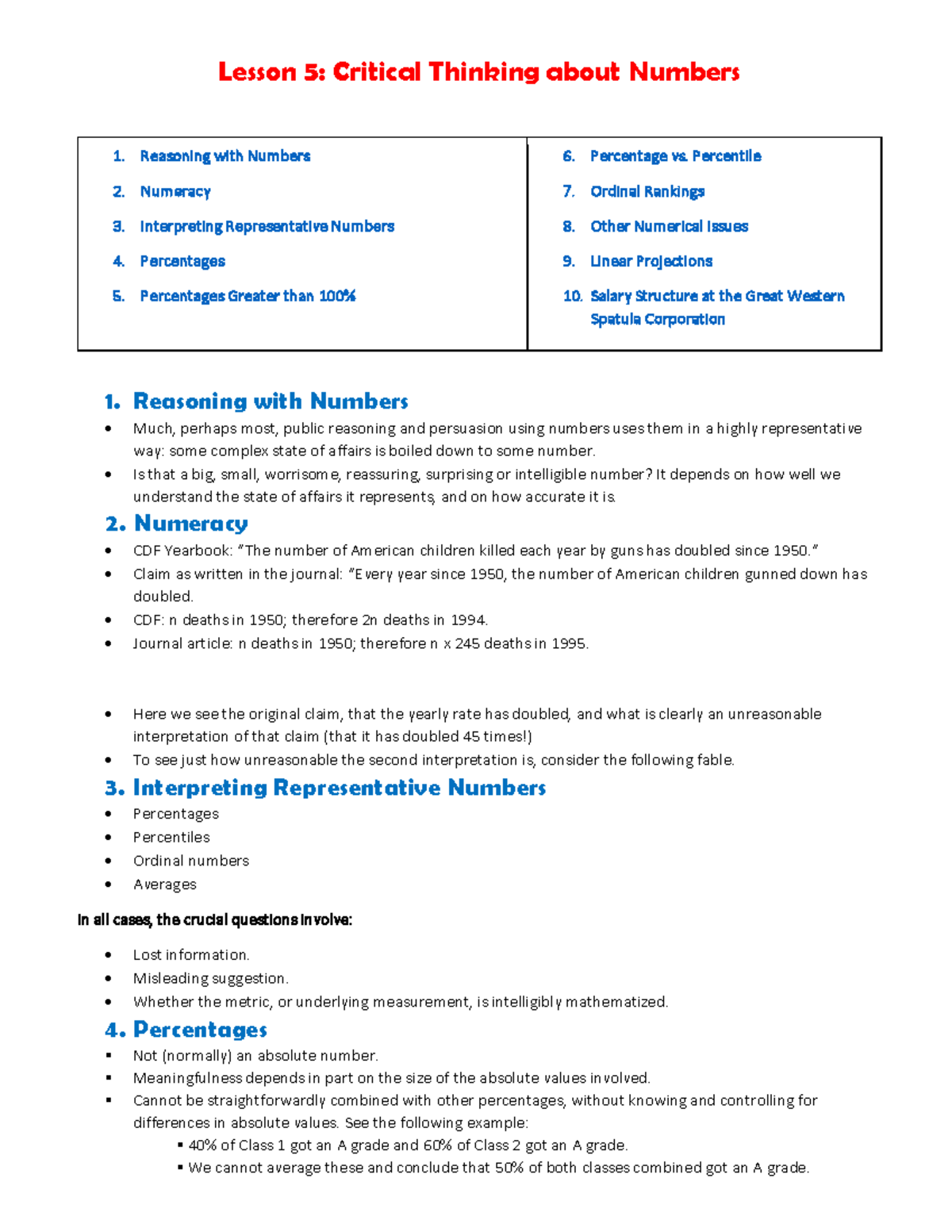 Lesson 5 - Clear thinking about numbers - Lesson 5: Critical Thinking ...