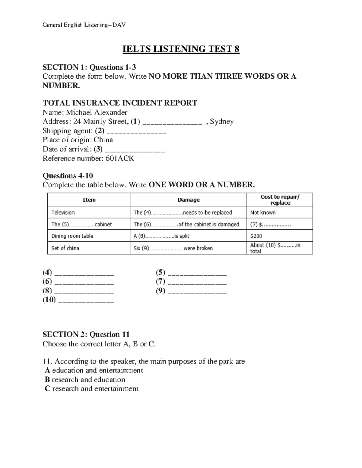 Ielts Listening 8 - General English Listening– DAV IELTS LISTENING TEST ...