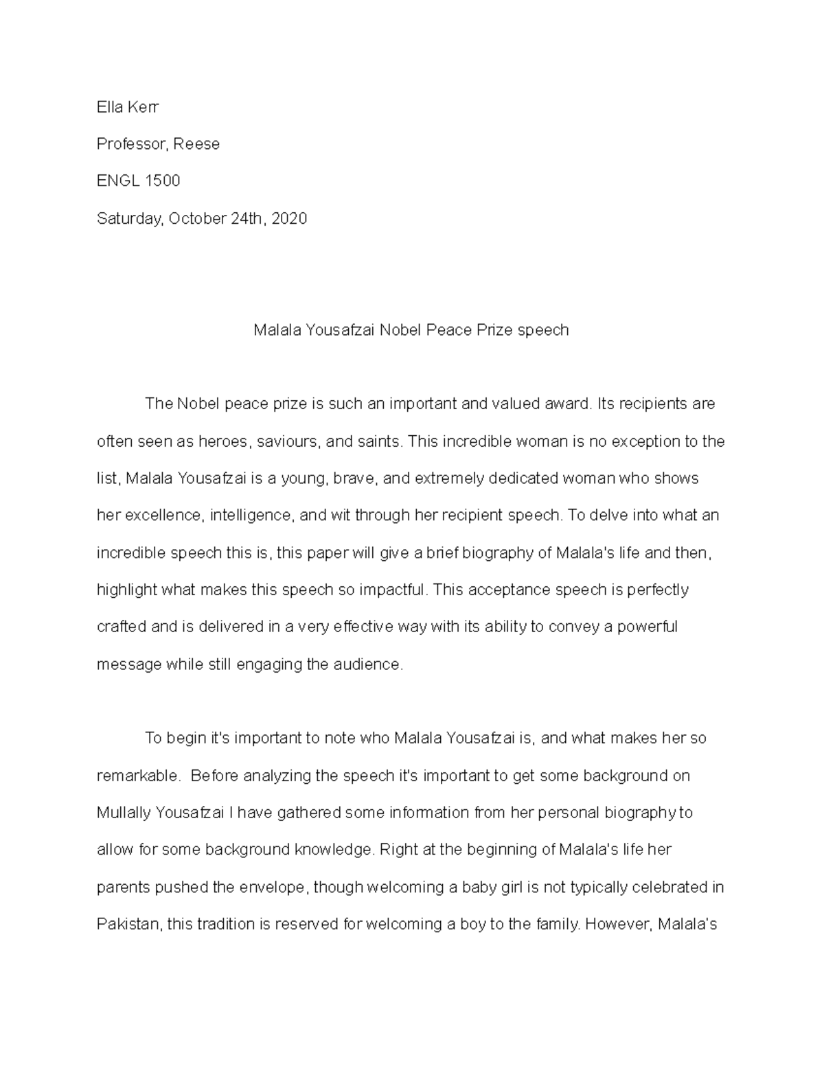 Final Malala Yousafzai Nobel Peace Prize speech - Ella Kerr Professor ...