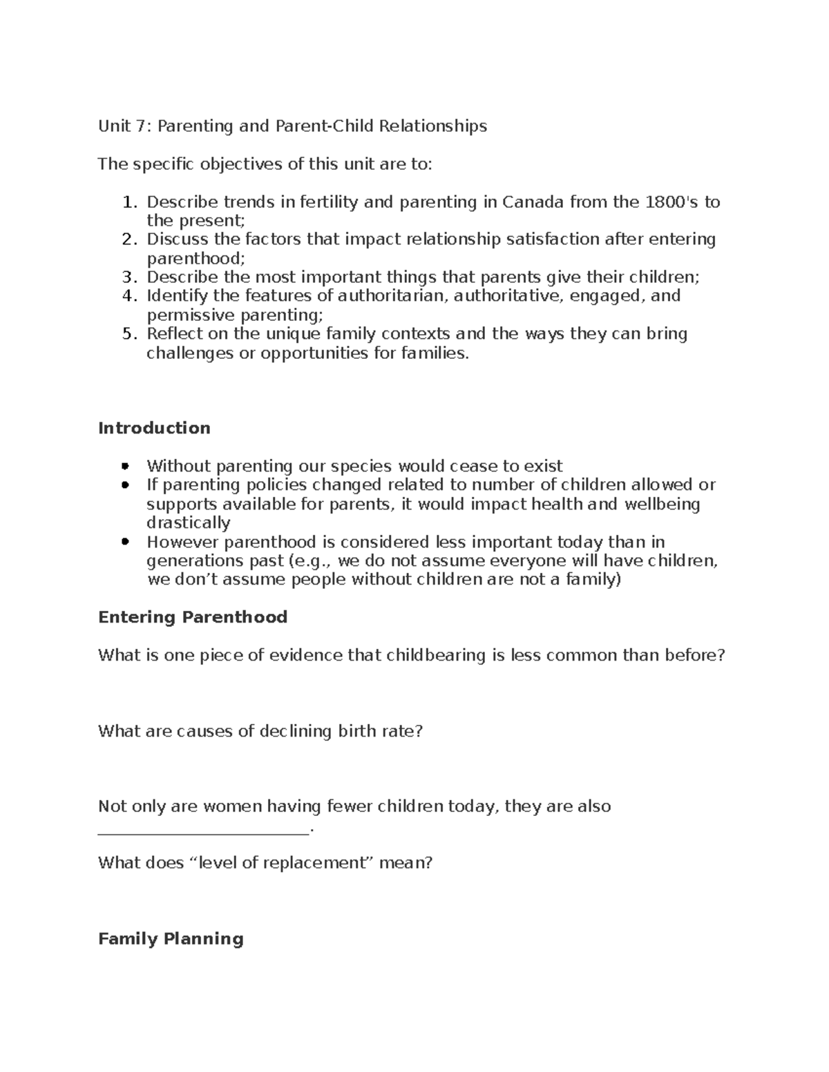 Unit 7 Notes - deijbdfiwefbeqwbfj - Unit 7: Parenting and Parent-Child ...