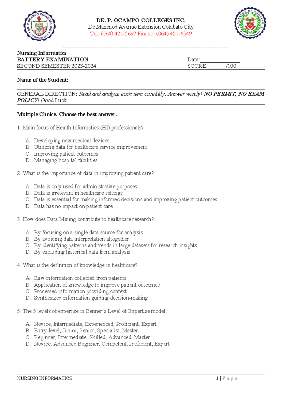 Nursing Informatics Battery Exam - DR. P. OCAMPO COLLEGES INC. De ...