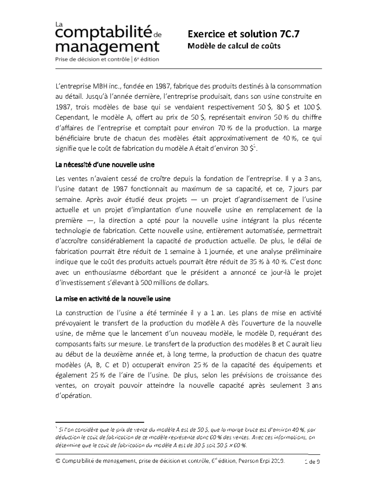 Boisvert compta management 6e exercice 7C-7 - Modèle de calcul de coûts ...