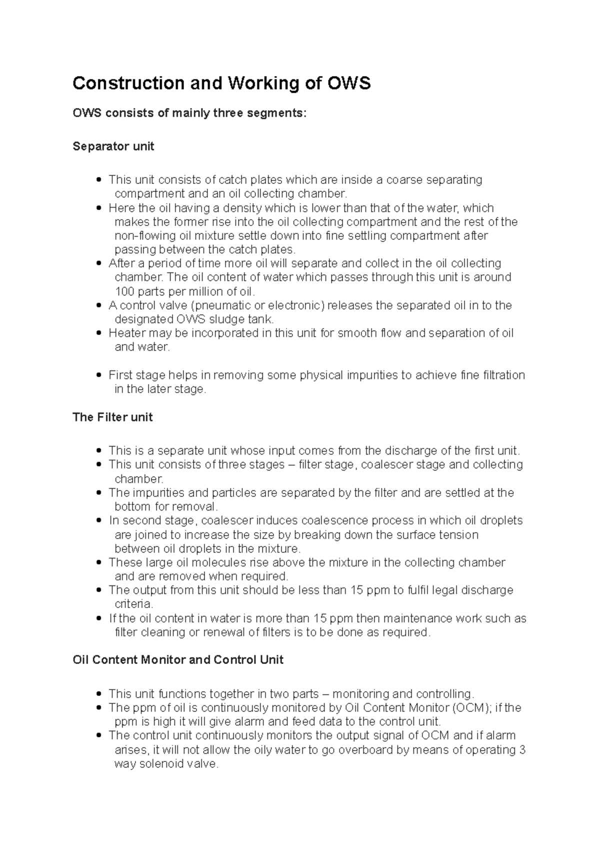 Construction and Working of OWS - Here the oil having a density which ...