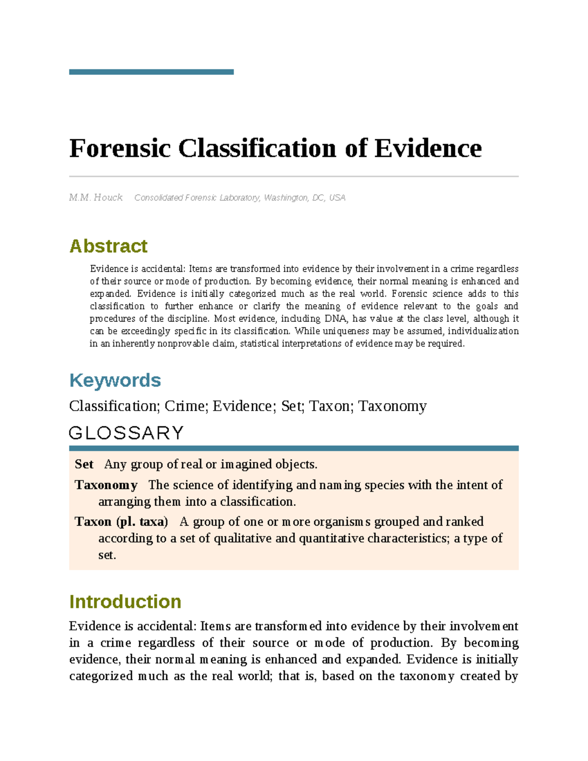 Forensic Classification of Evidence - Houck Consolidated Forensic ...