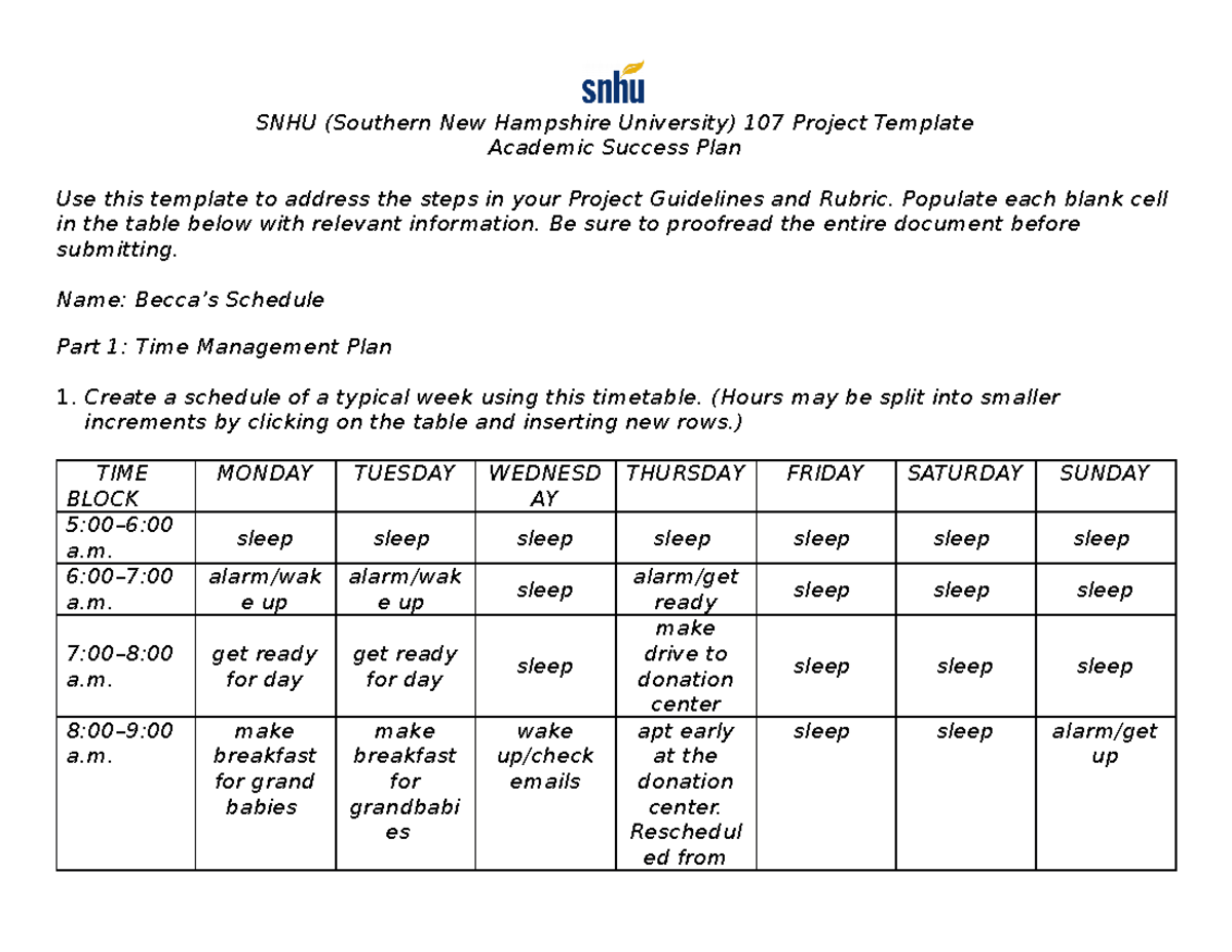Academic Sucess Plan First Year - SNHU (Southern New Hampshire ...