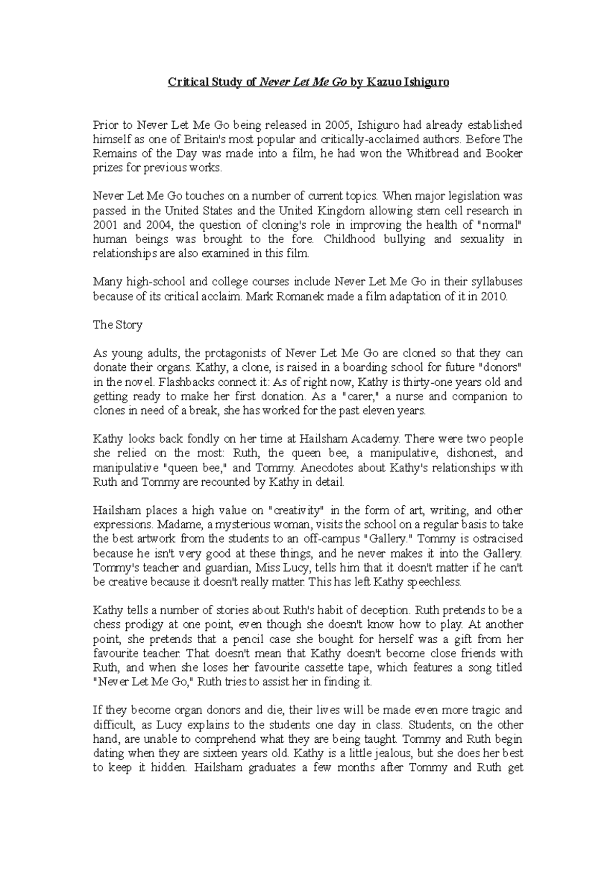 Critical Study of Never Let Me Go by Kazuo Ishigur - English Literature ...