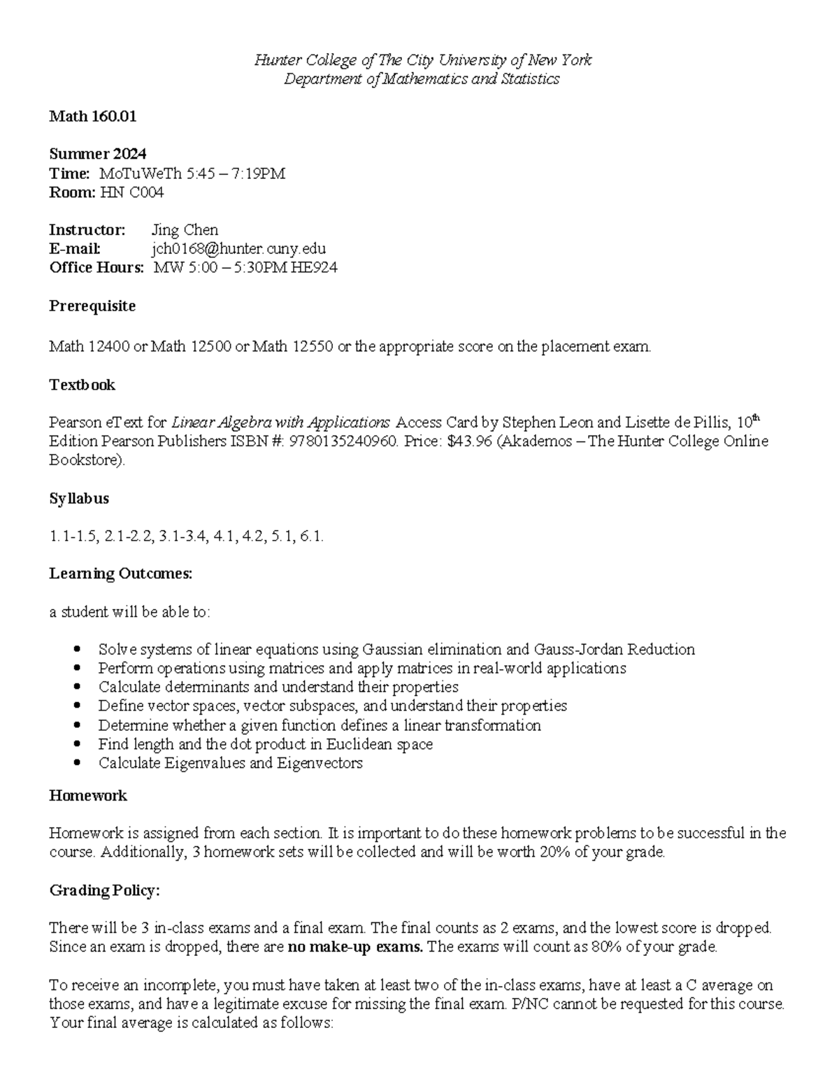 Summer 2024 MATH 160 Syllabus - Hunter College of The City University ...