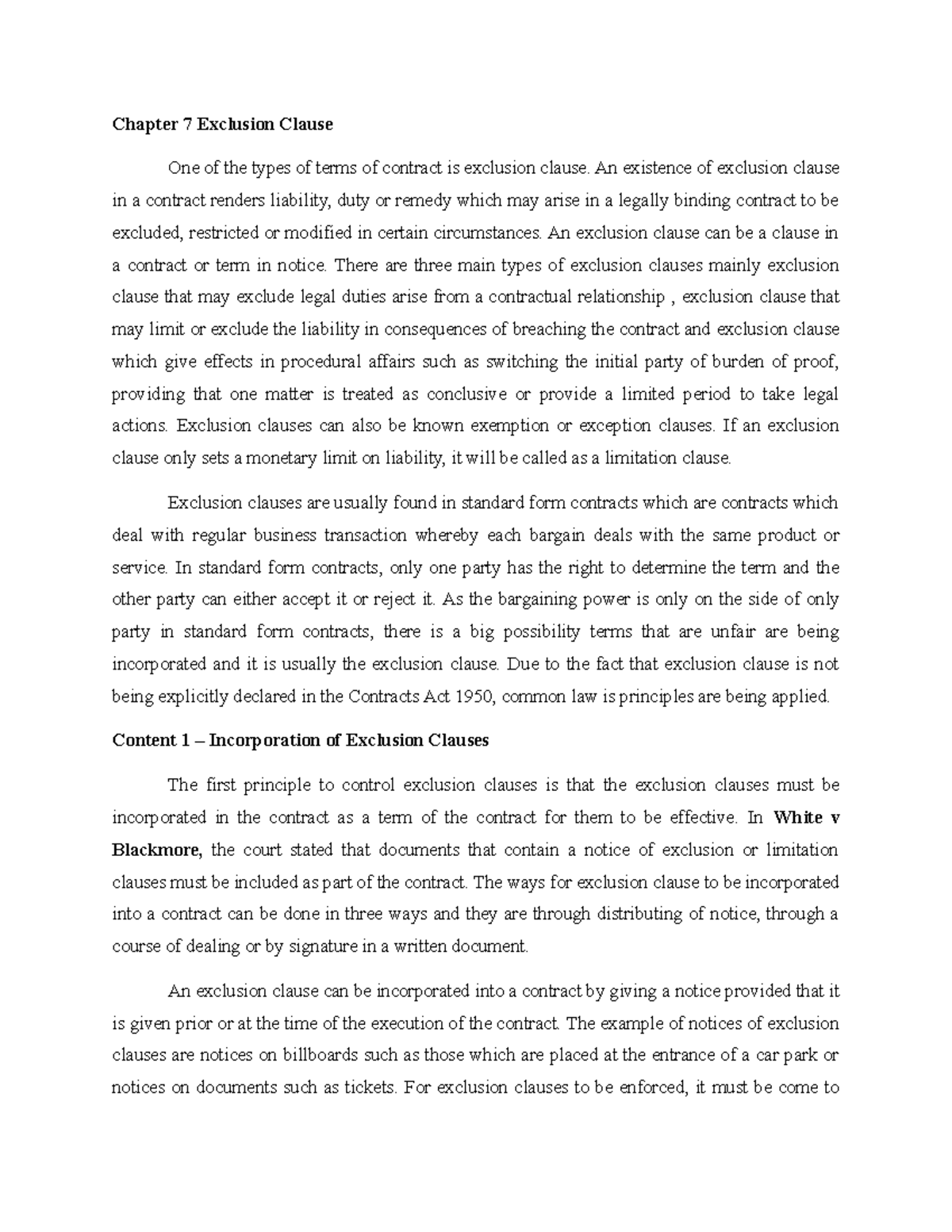 Chapter 7 Exclusion Clause - Chapter 7 Exclusion Clause One of the ...