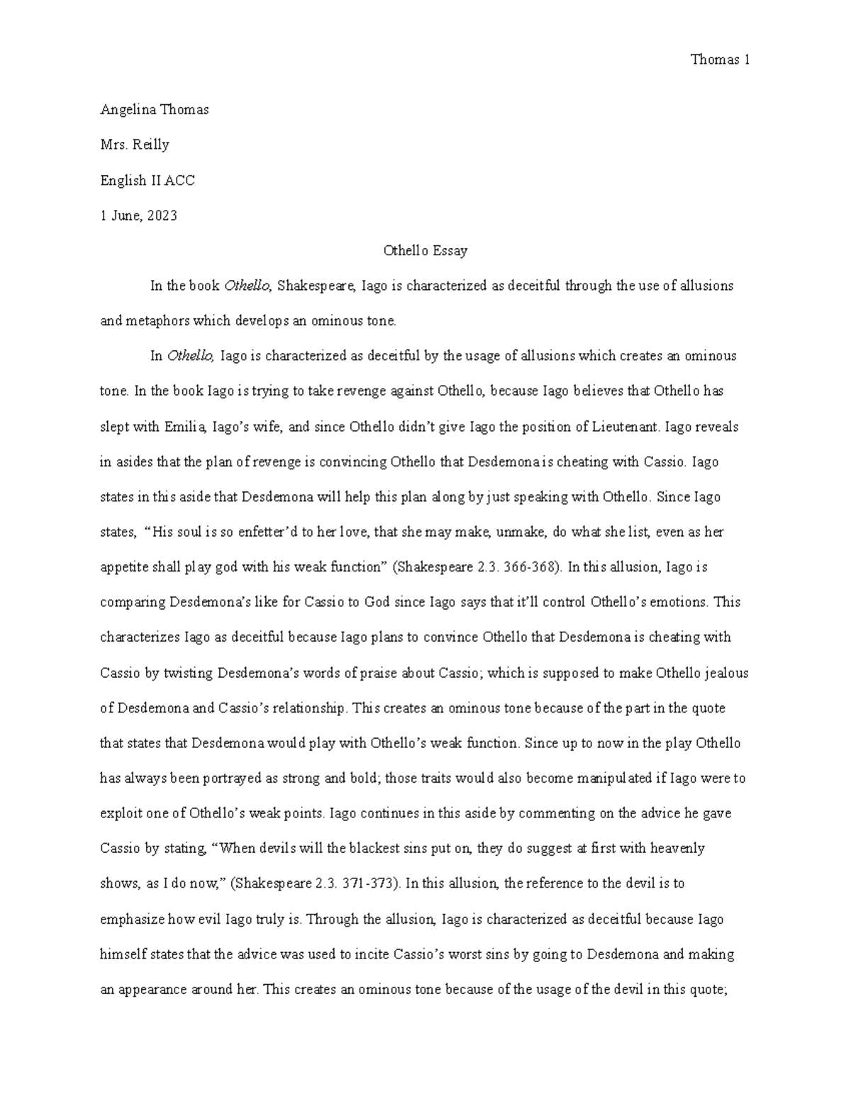 Othello Essay - Thomas 1 Angelina Thomas Mrs. Reilly English II ACC 1 ...