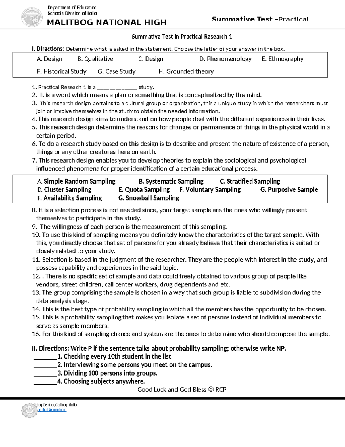 Summative Test in Practical Research 1 - Directions: Determine what is ...