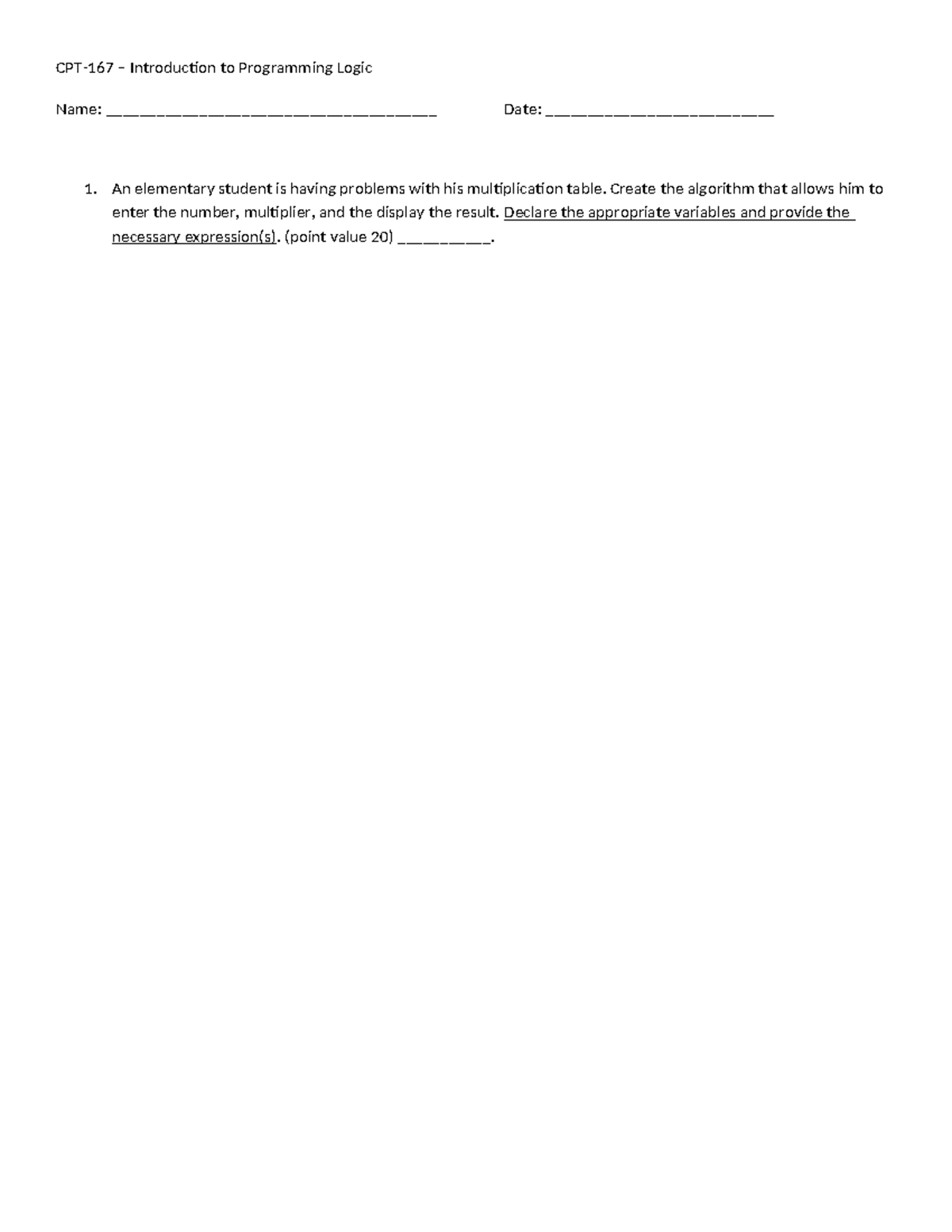 Assessment 1 - CPT 167 - Spring 2023 - Name: _______________________________________ Date: - Studocu