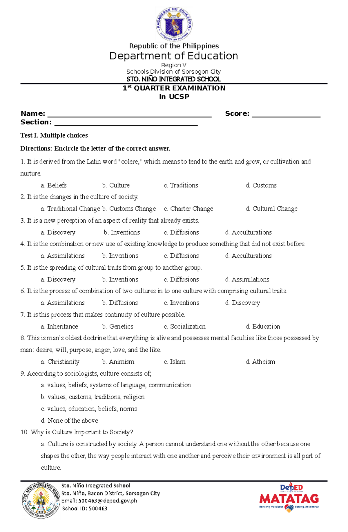 1st Quarter Examination in UCSP - Department of Education Region V ...