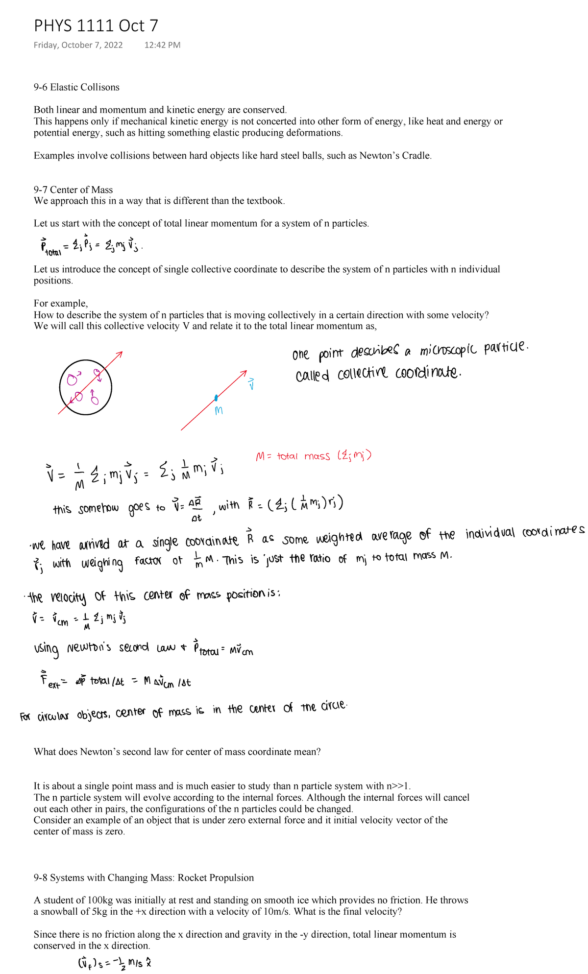 PHYS 1111 Oct 7 - KK Mon - 9-6 Elastic Collisons Both linear and ...
