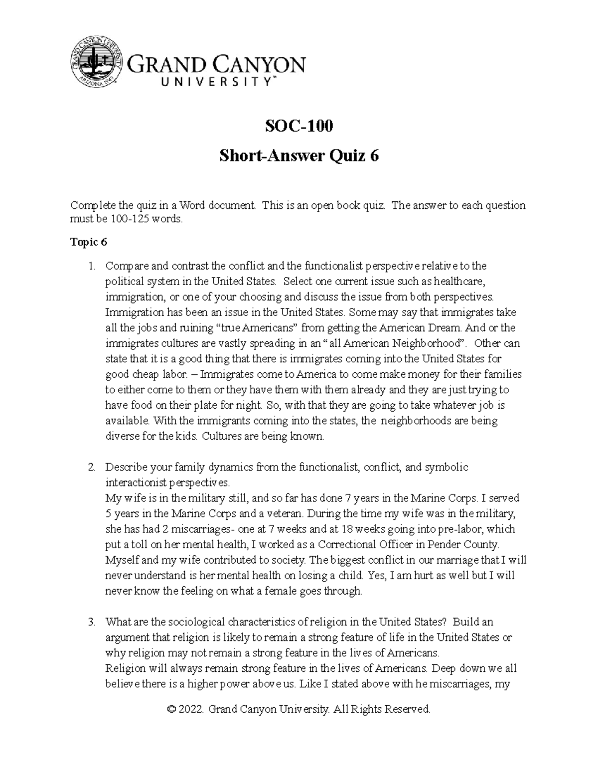 SOC-100.Short-quiz week 6 - SOC- Short-Answer Quiz 6 Complete the quiz ...