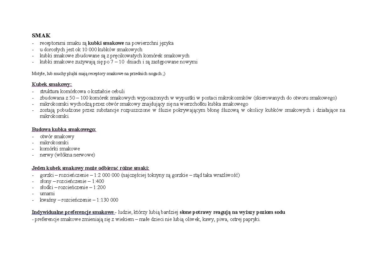 Smak - Notatki w wykładu - SMAK receptorami smaku są kubki smakowe na ...