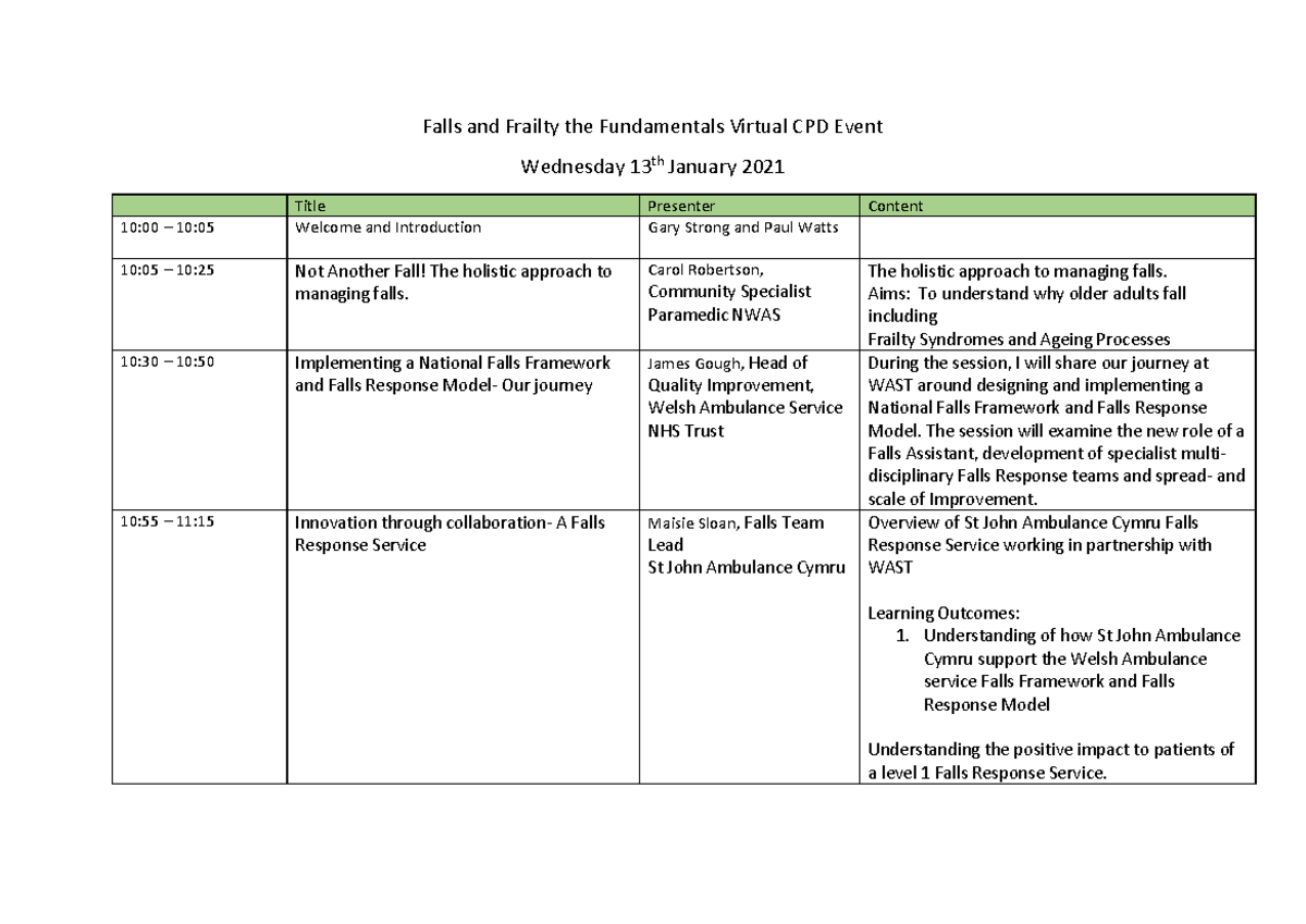Falls and Frailty the Fundamentals programme for delegates - Falls and ...